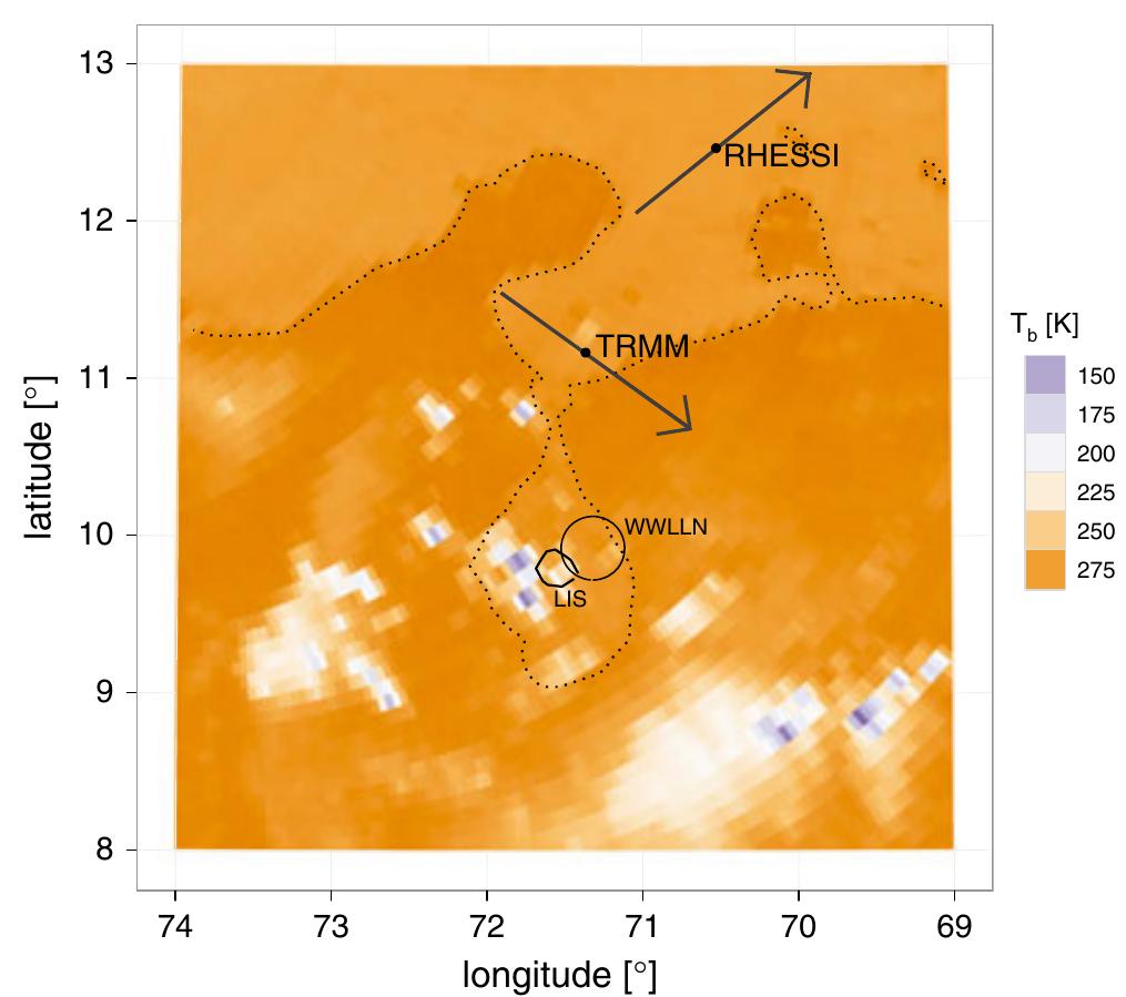 Map showing the geometry of the observation of he tgf