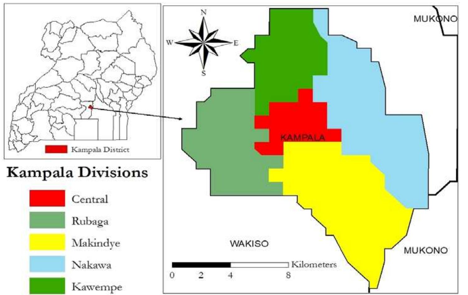 1: map of kampala district showing the study divisions