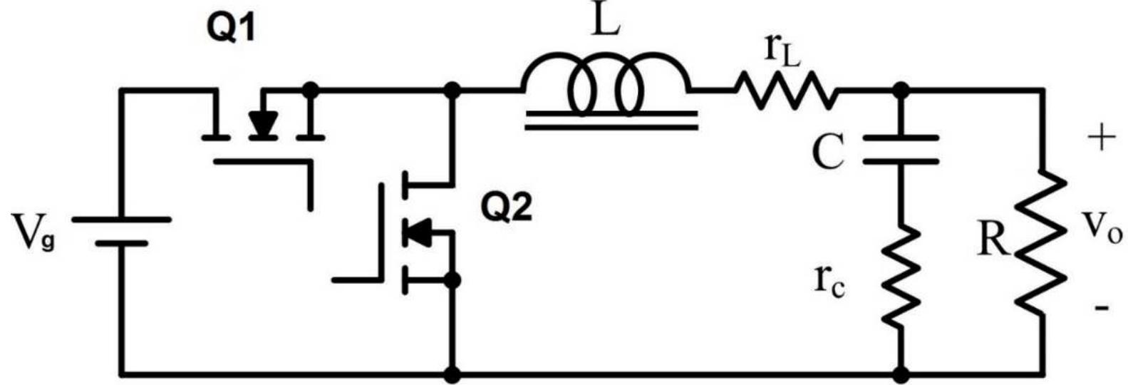 Power circuit diagram of a synchronous dc-dc buck converter.