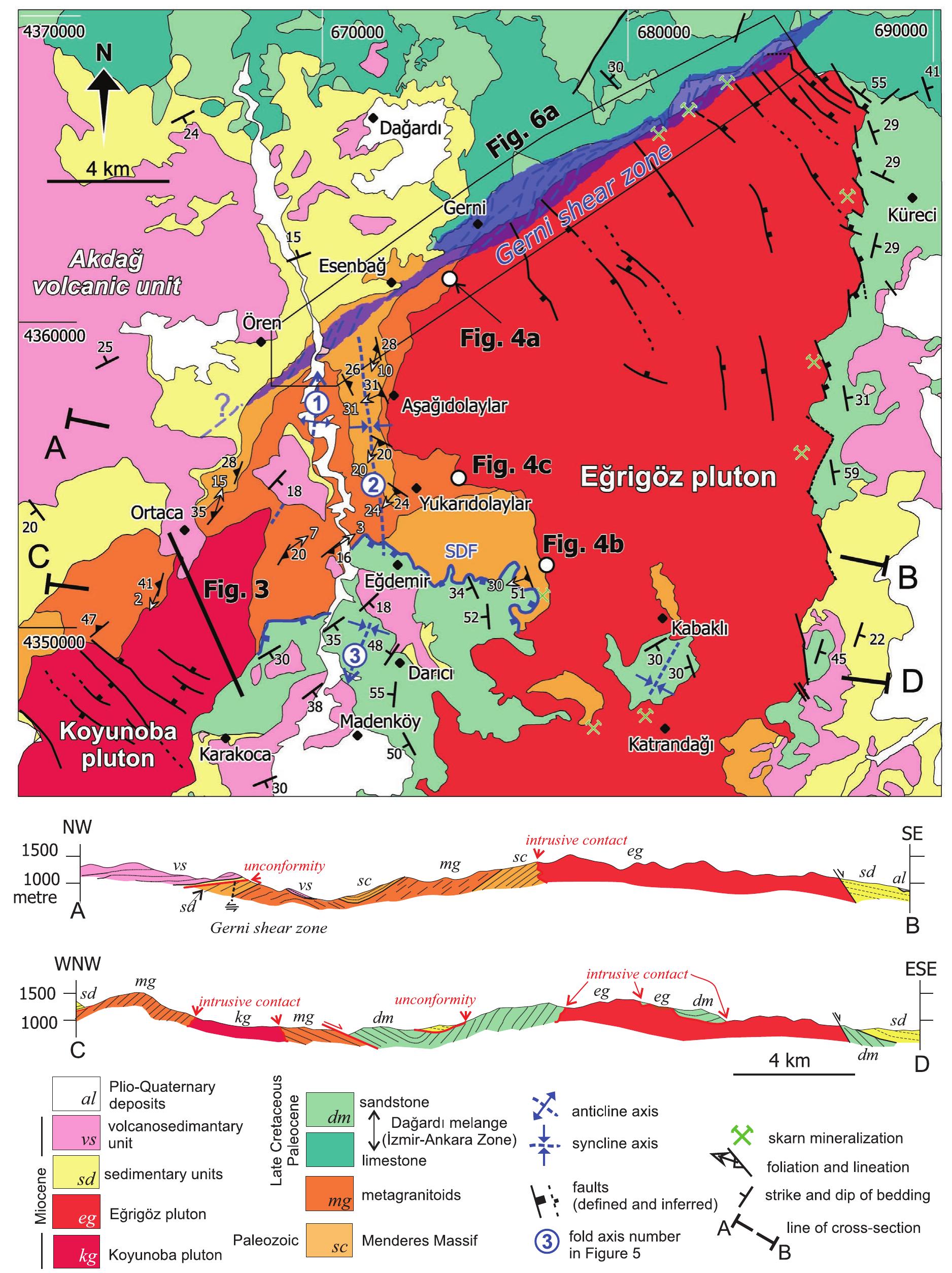Geological map of the egrig6z region. map coordinates are