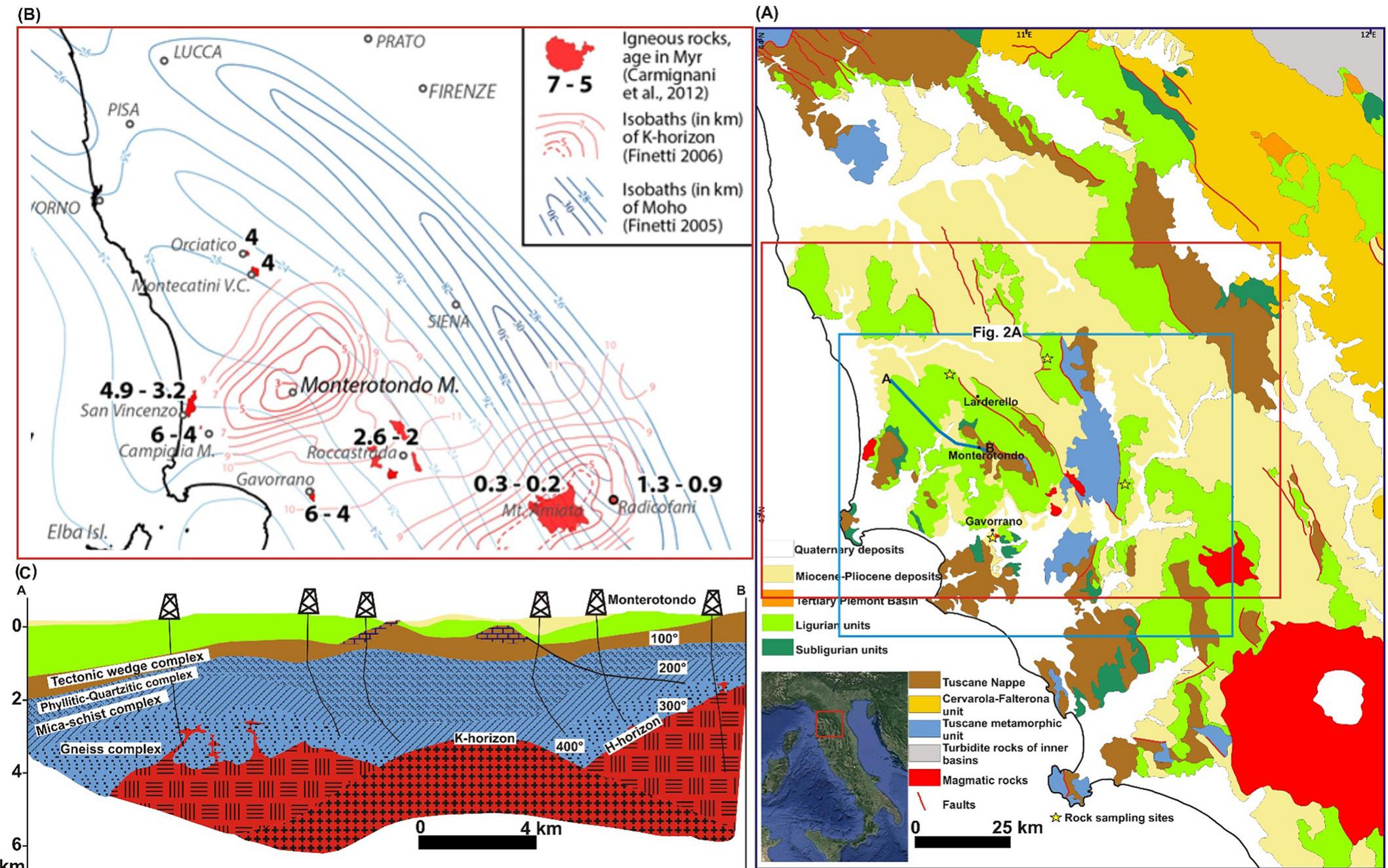 A) schematic geologic map of the northern central italy