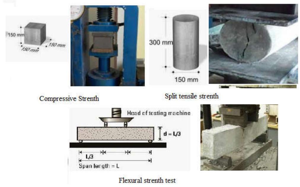 Test set up on compression test, split tensile test, and