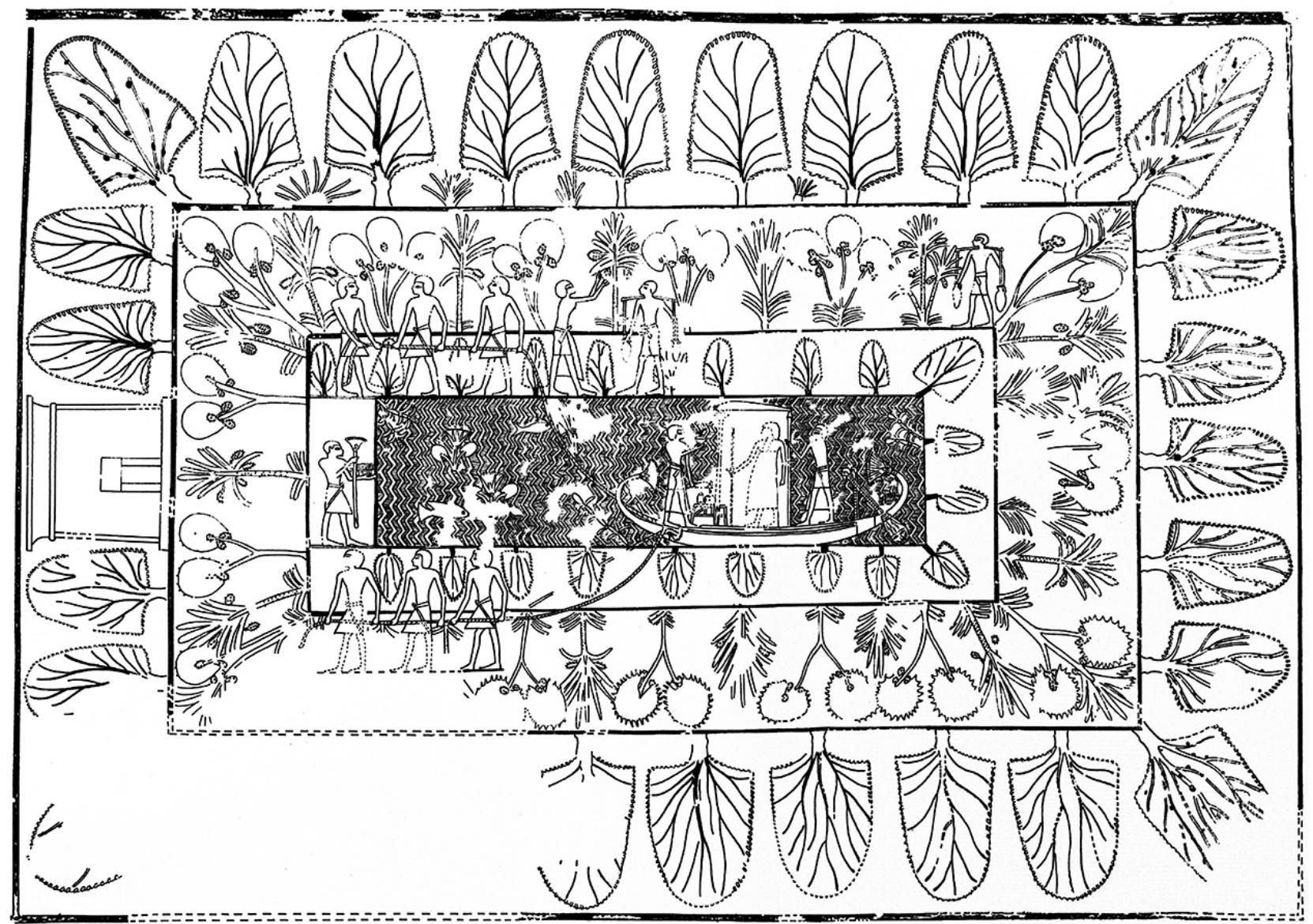 | outline drawing of a lake scene from the tomb of rekhmire,