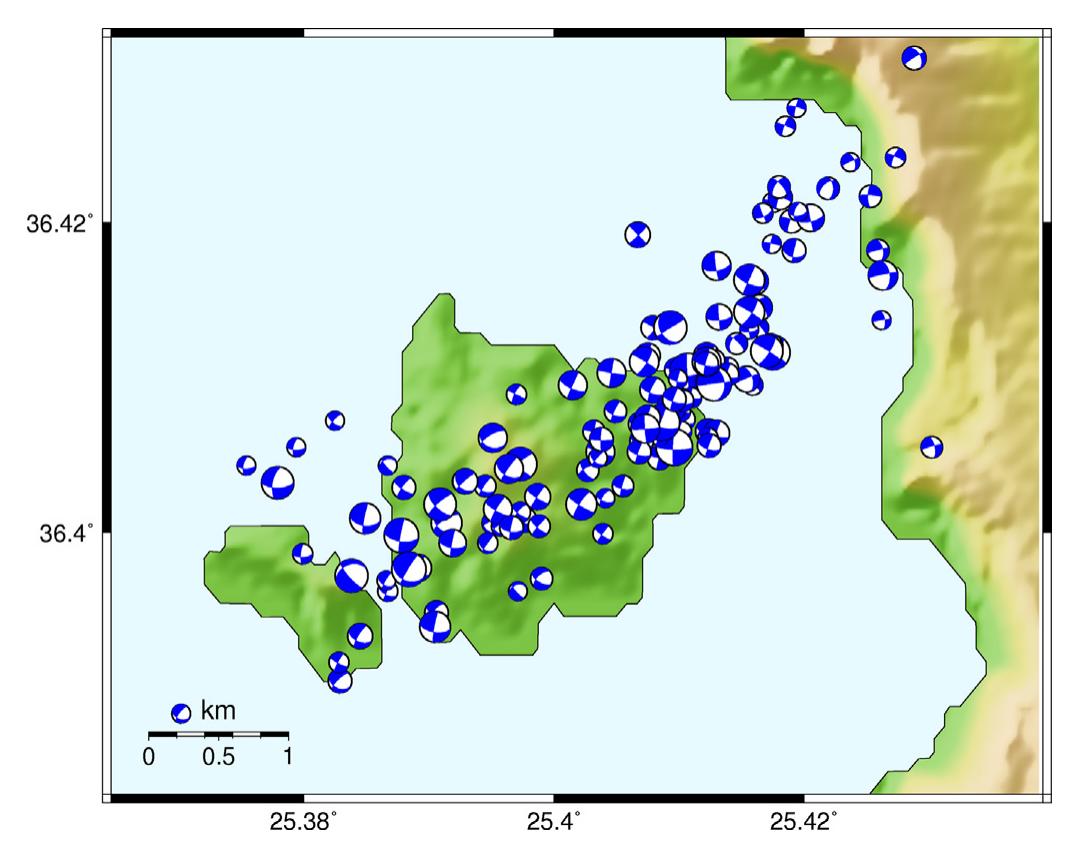 Map of 131 focal mechanisms calculated in this study using