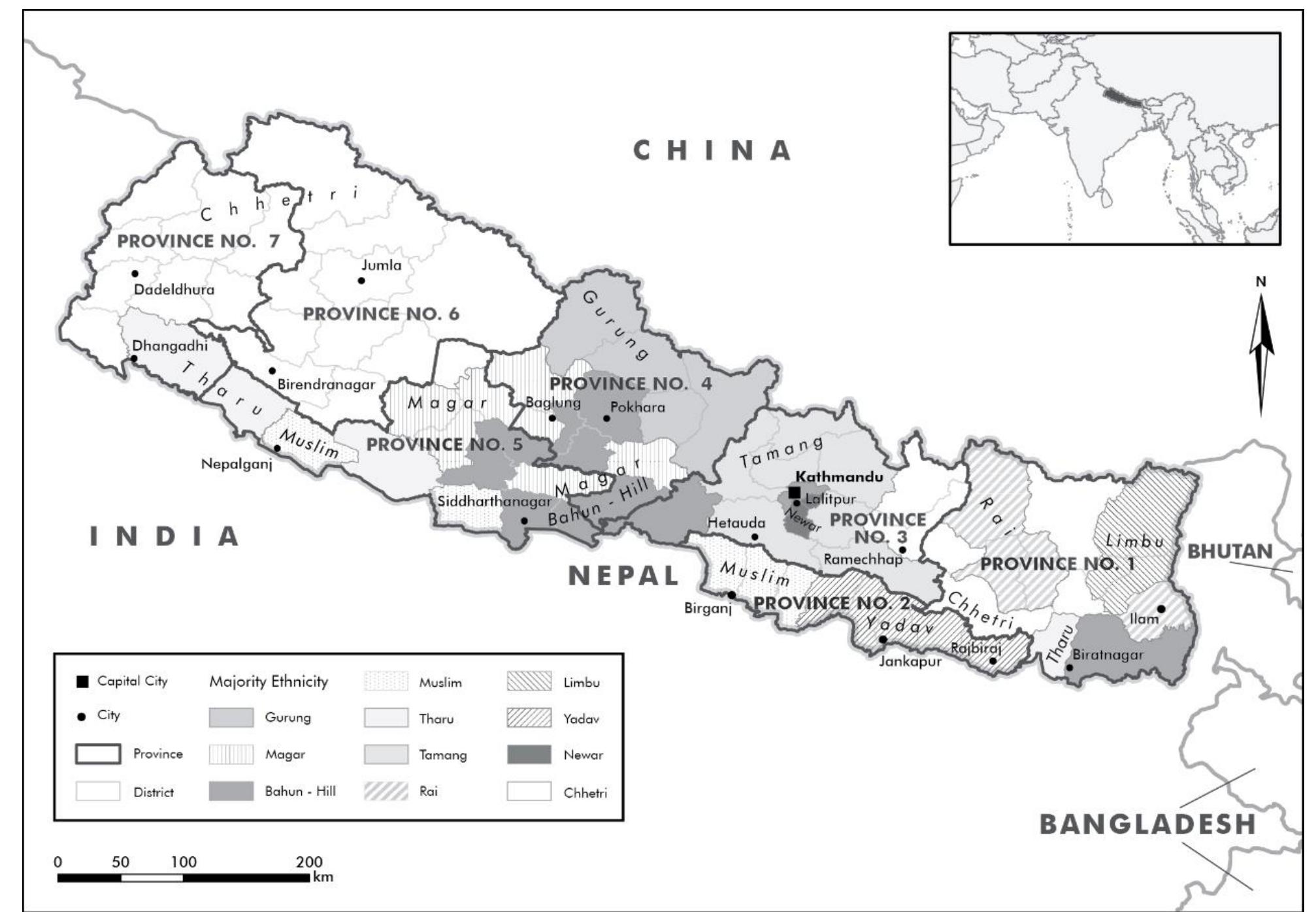 Map 1: federal map of nepal, including ethnic distribution