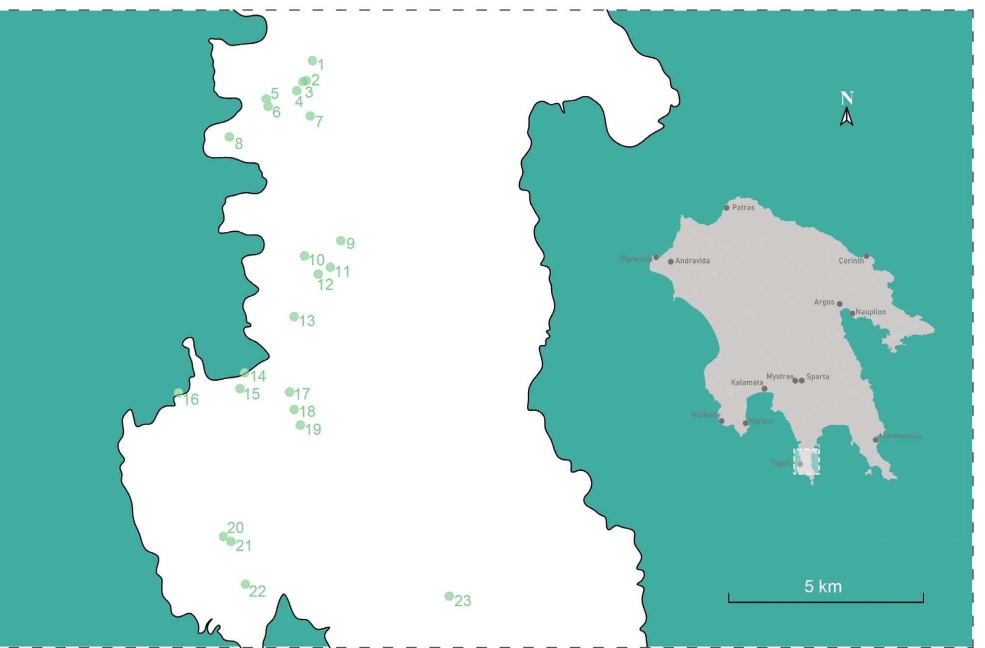 Schematic map of part of the mani peninsula with churches