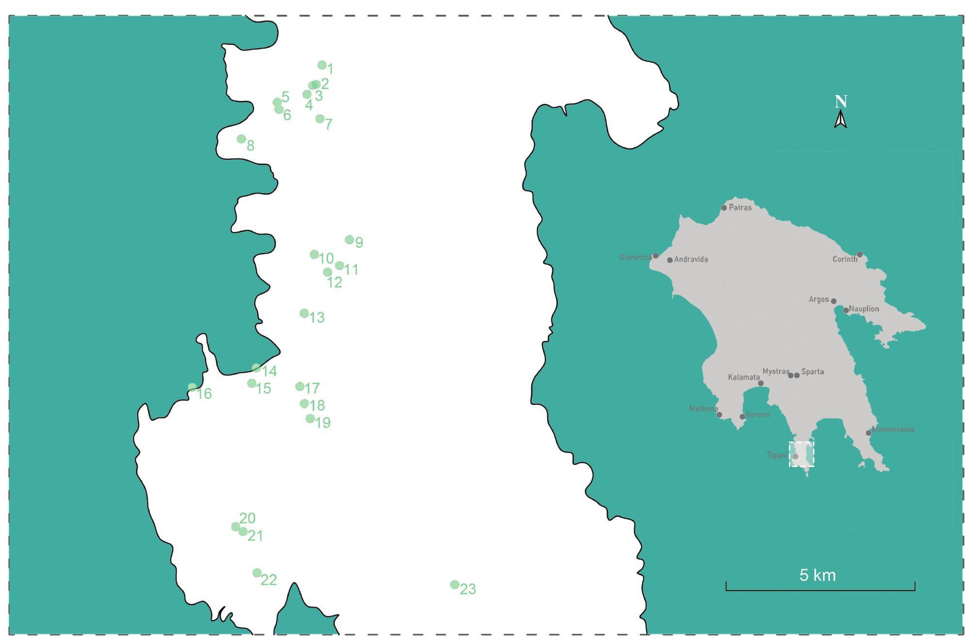 Schematic map of part of the mani peninsula, in the