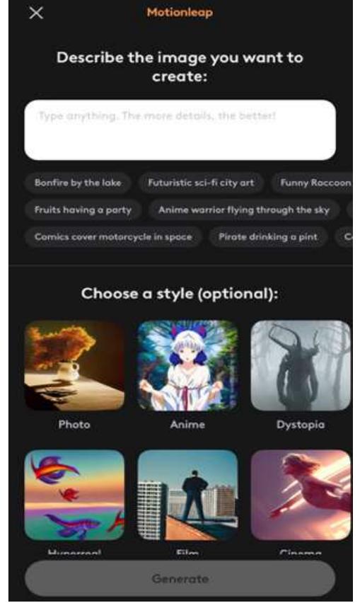 User interface of motionleap 8 text-to-image ai module