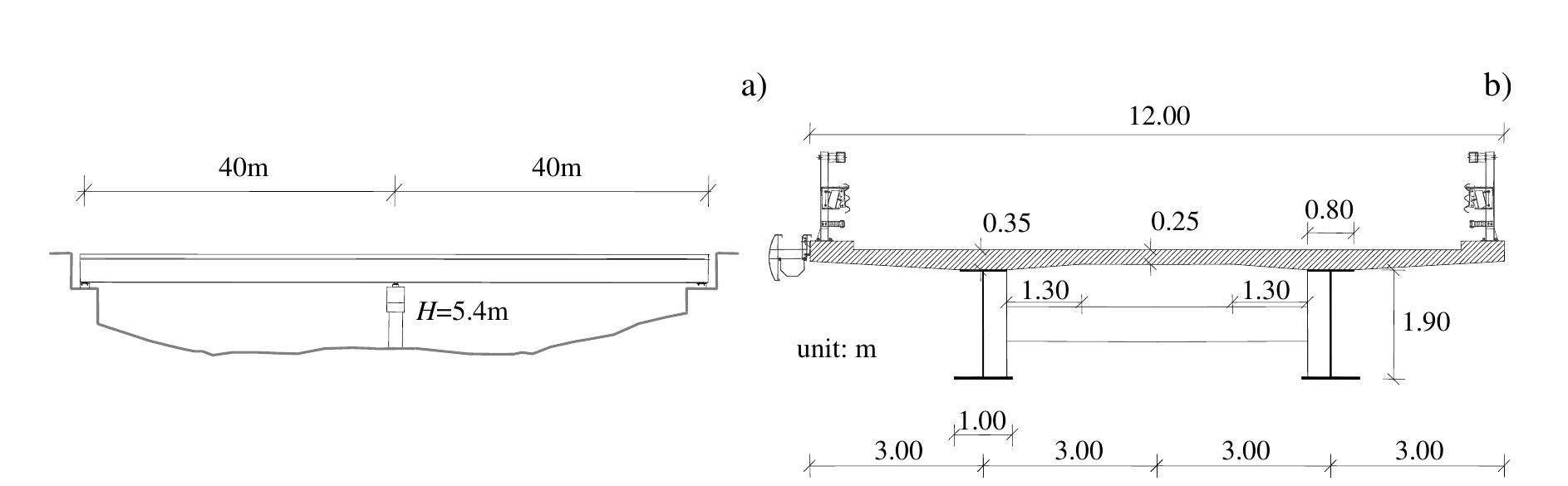 -3: a) two-span bridge profile, b) transverse deck section