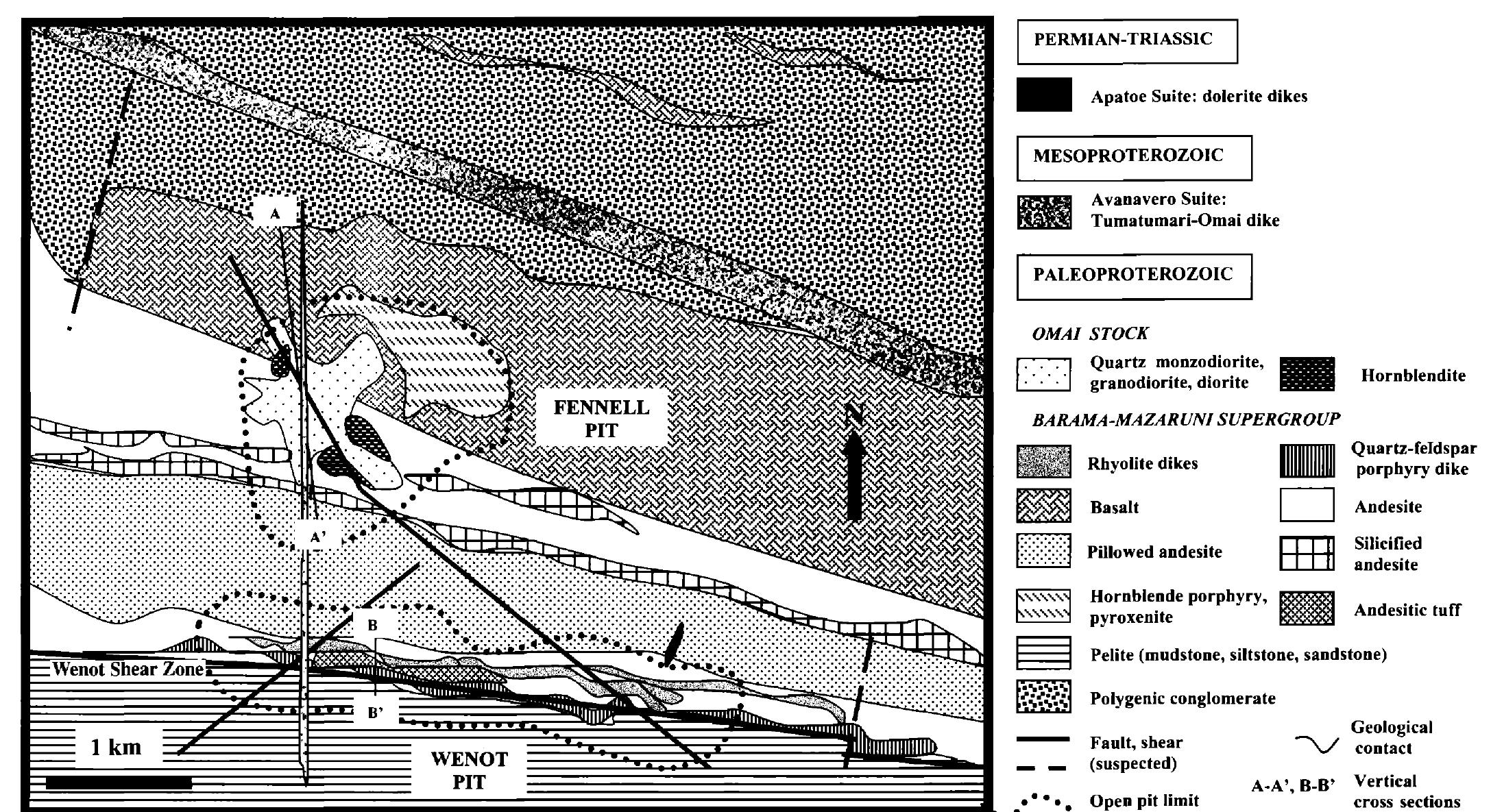 Fic. 3. simplified geologic map of the omai gold deposit.