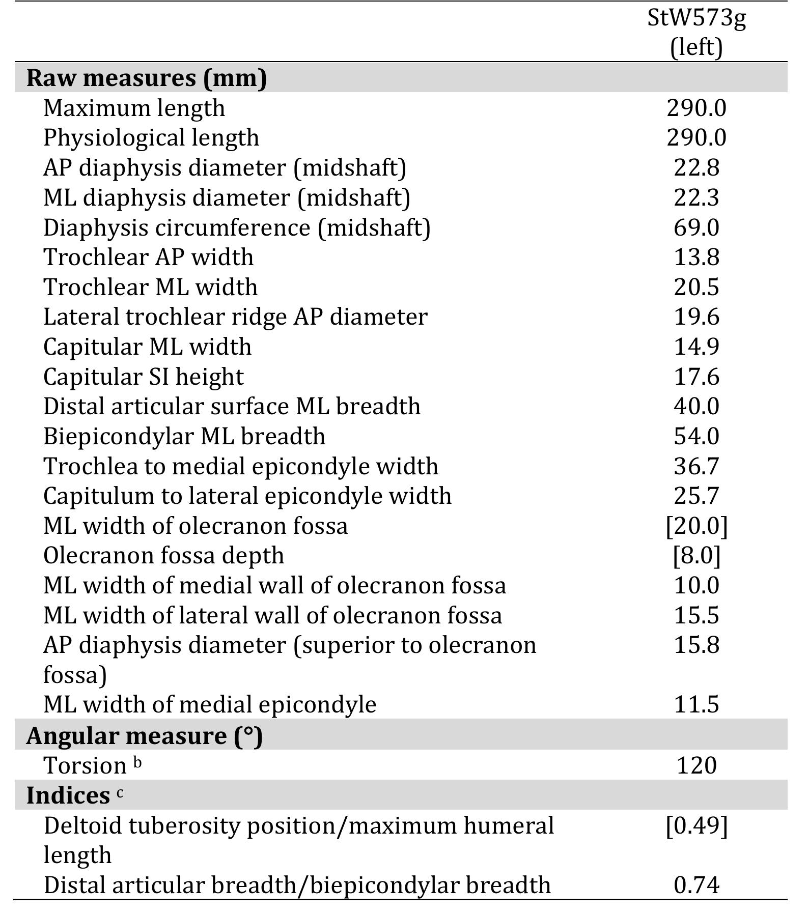 Table 1 - The Long Limb Bones of the StW 573
