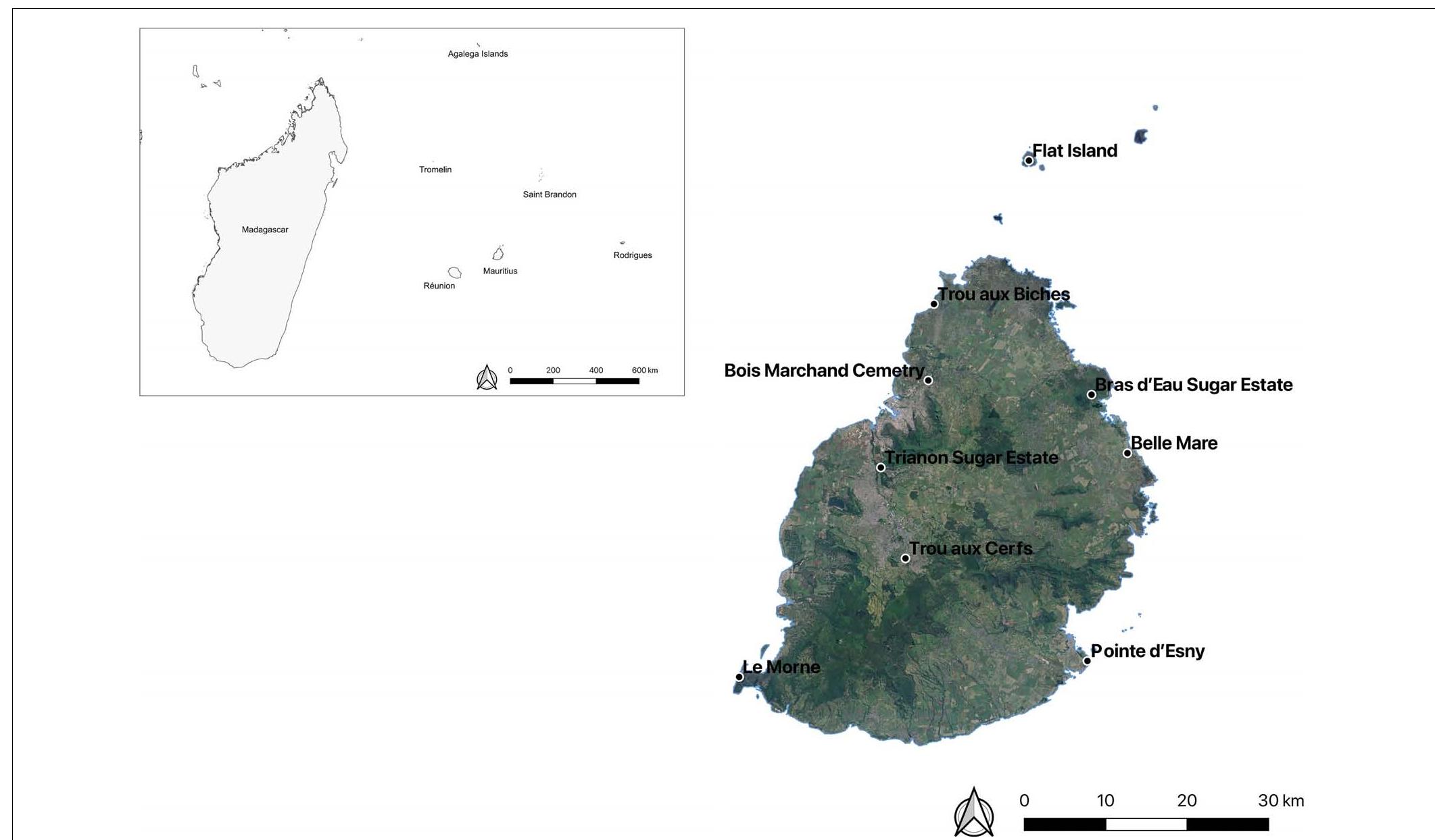 | map of mauritius with sites mentioned in text; inset
