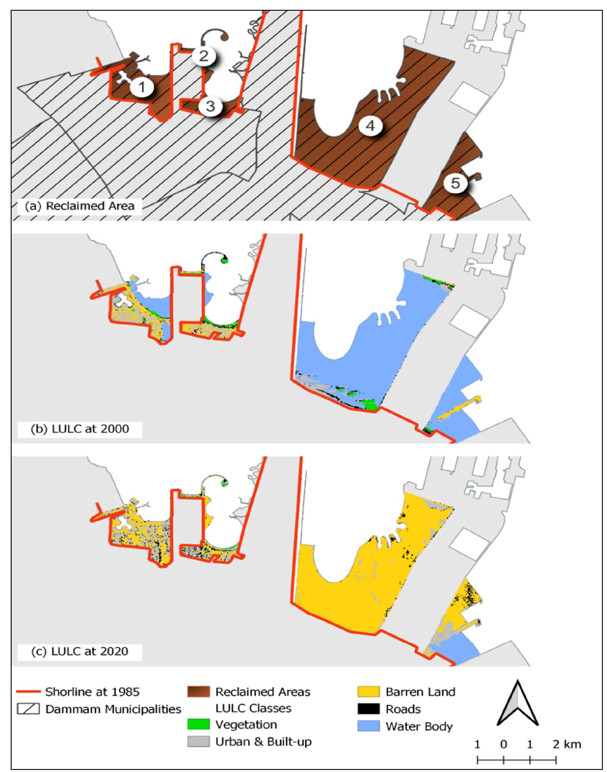 Reclaimed areas and lulc classifications: (a) reclaimed