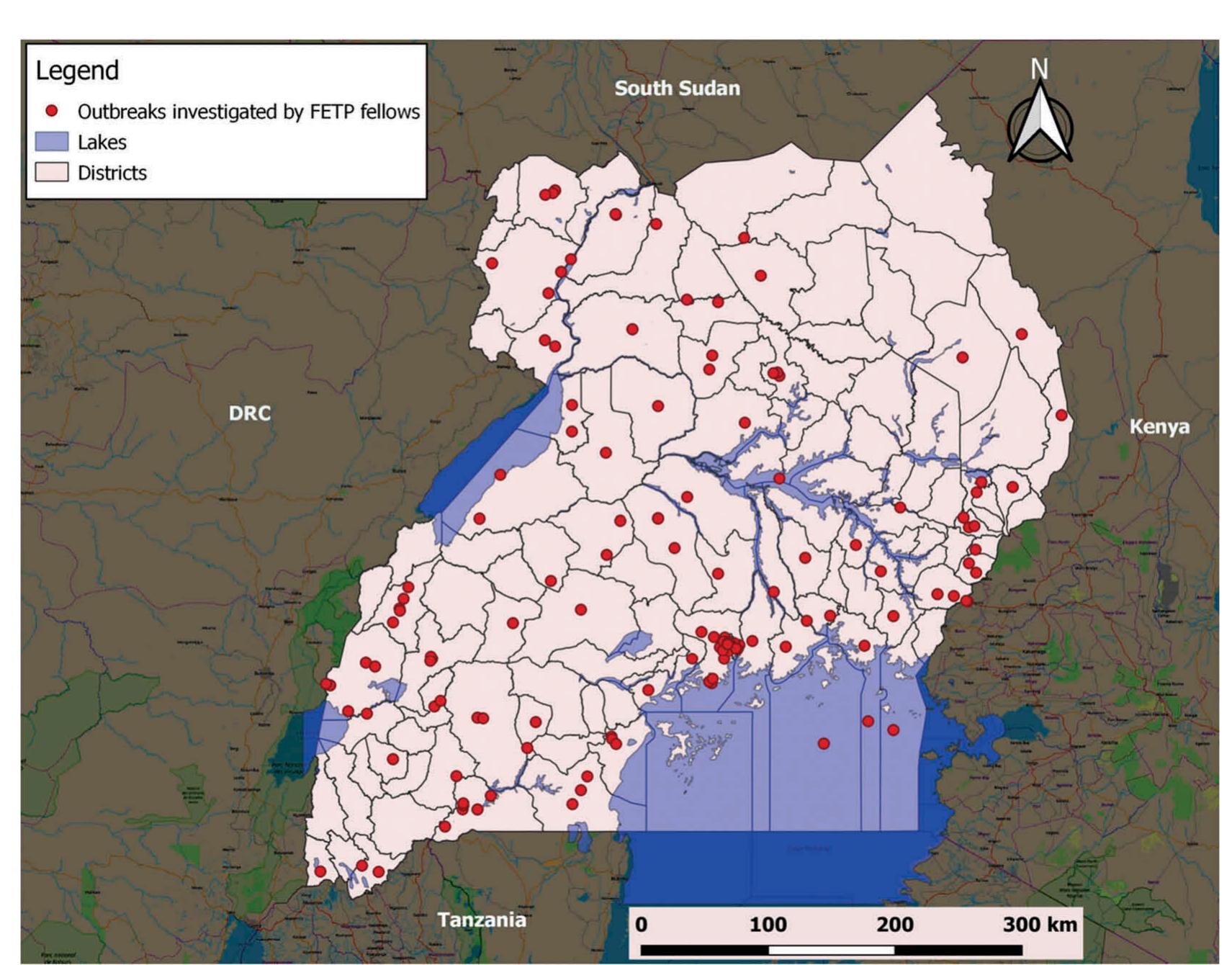 Map of uganda showing distribution of outbreaks investigated