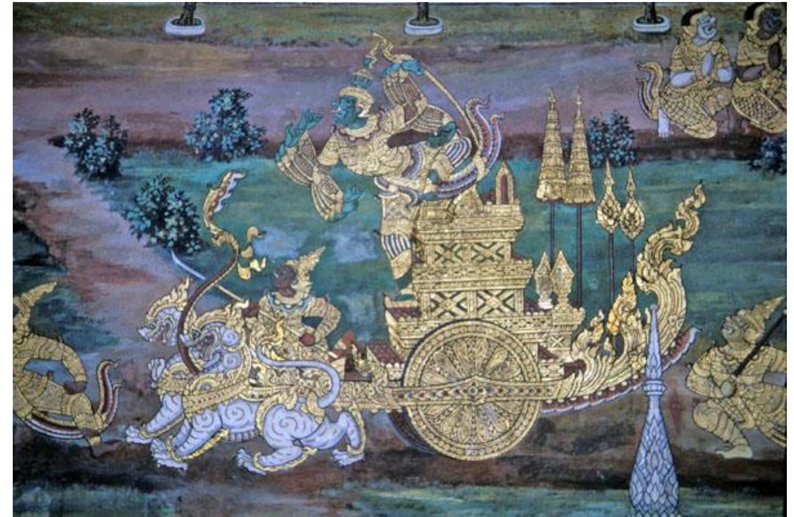 A thai ramayana mural depicting ravana riding the gold