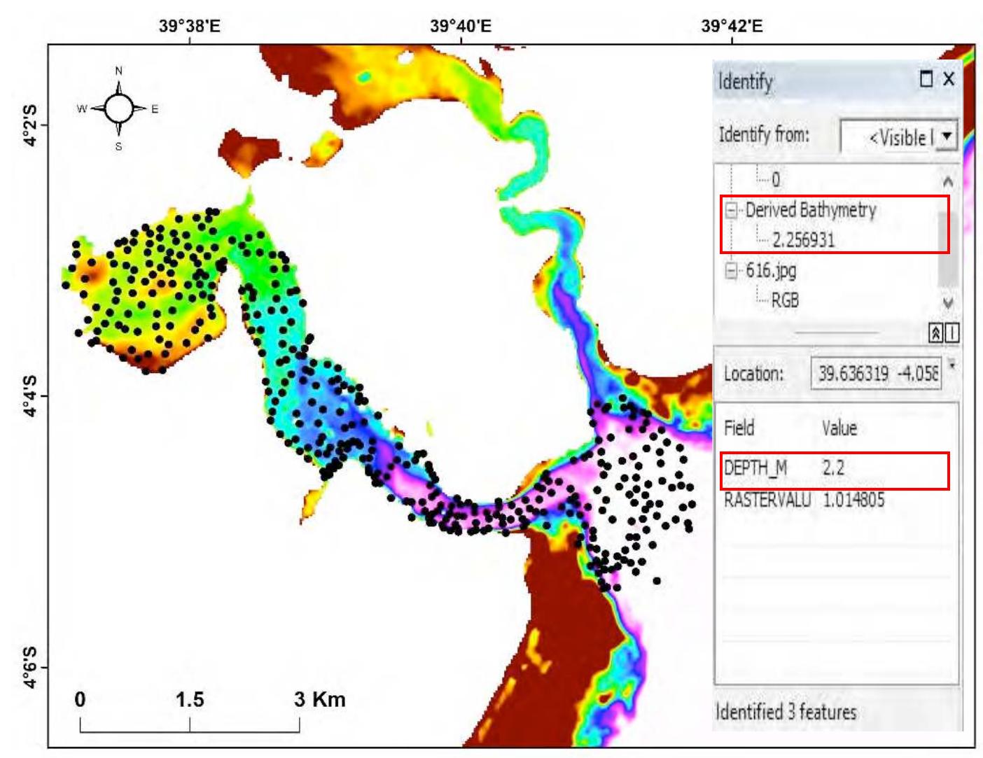 Comparison of derived bathymetry and the chart depths of