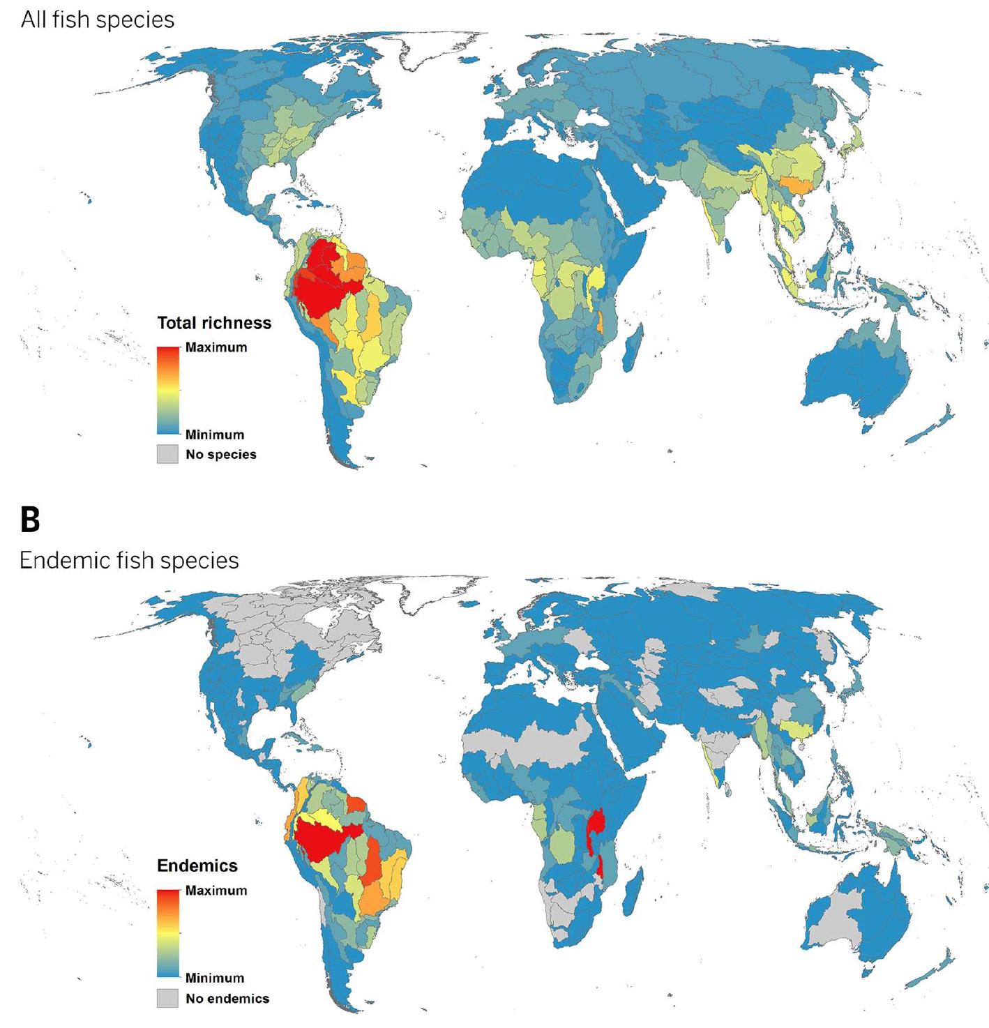 Relative numbers of freshwater fish species in the different