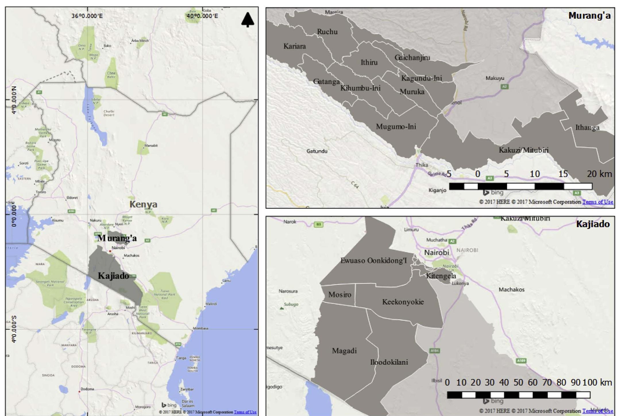 Map of kenya (left) showing the location of kajiado and