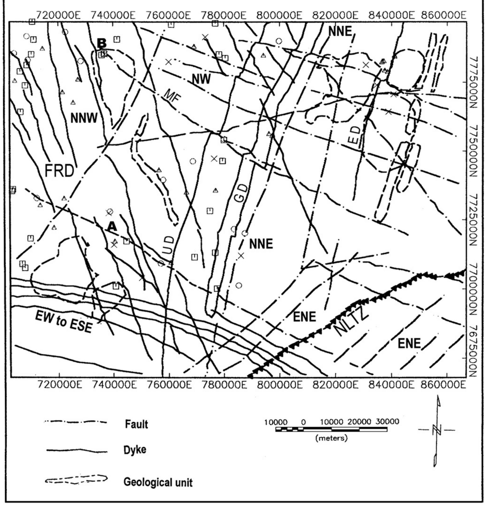 Dyke and structural interpretation map of the study area,