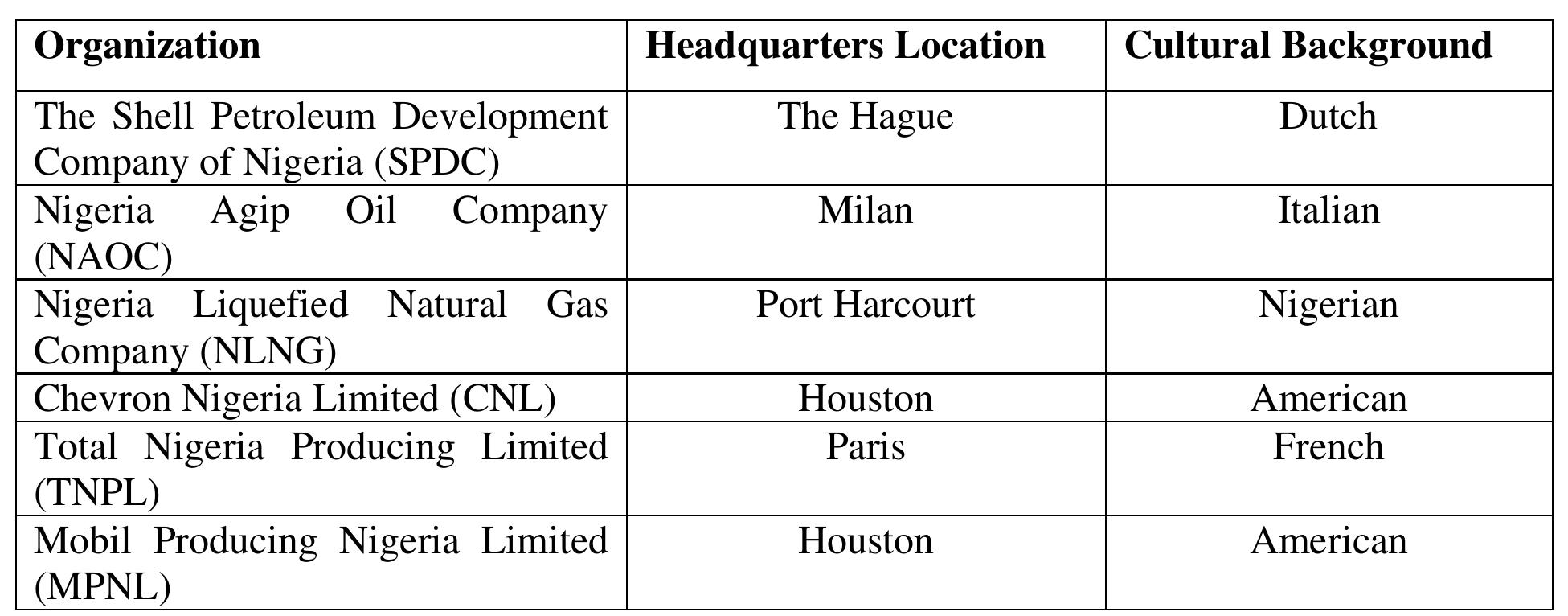 Organization location and cultural background matrix
