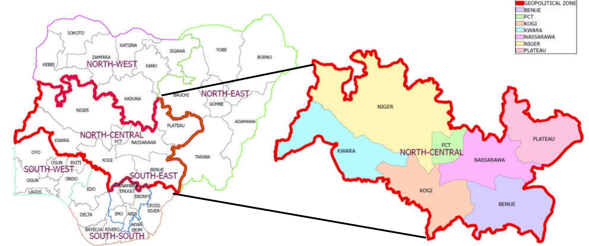 Map of nigeria with a call-out map of the north-central