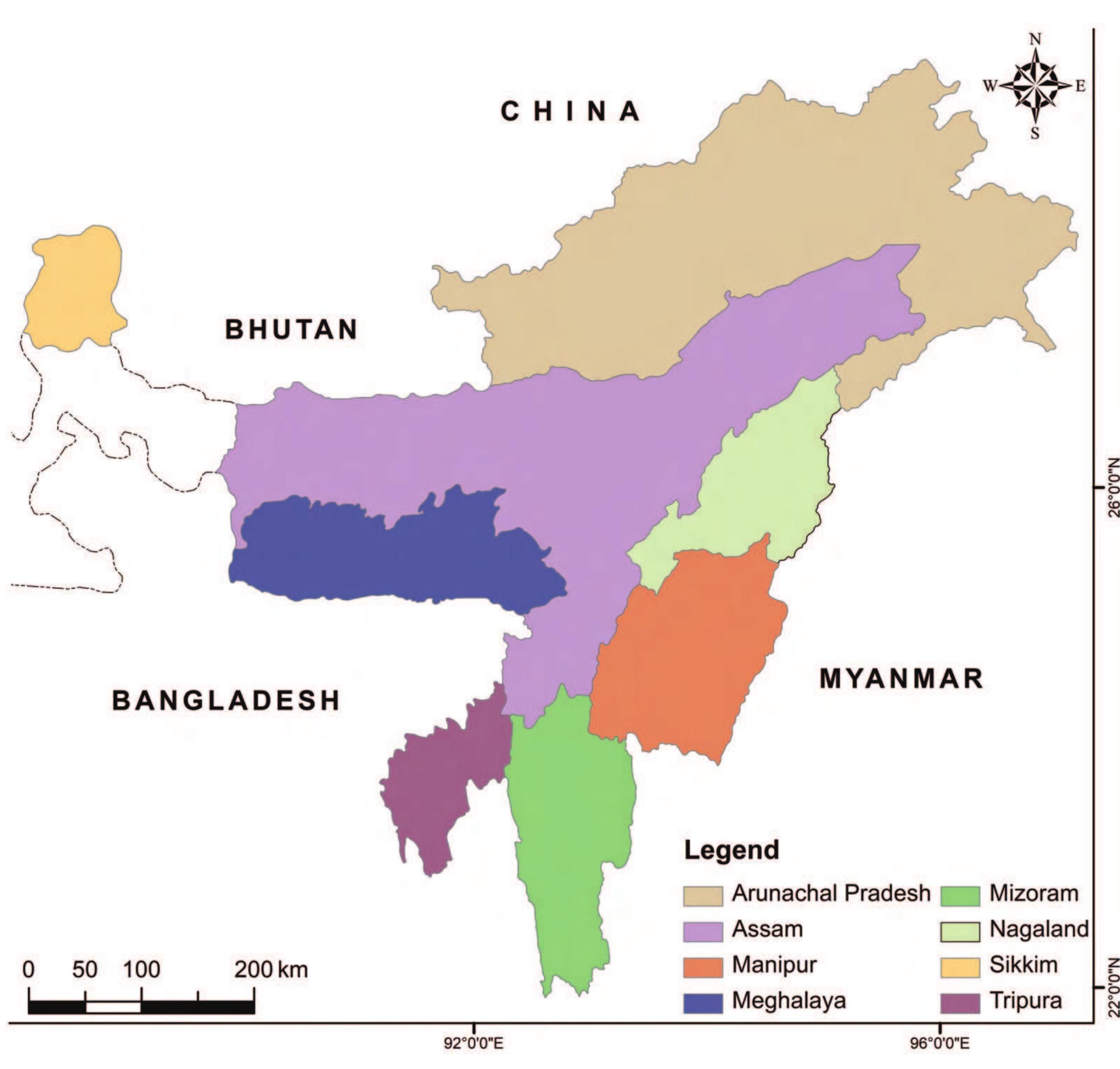 regional map of northeast india with its respective