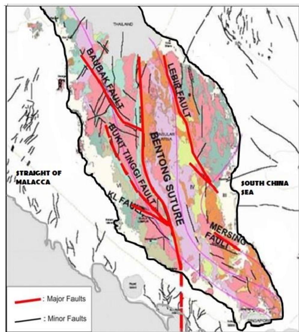 Map of peninsular malaysia showing major and minor faults