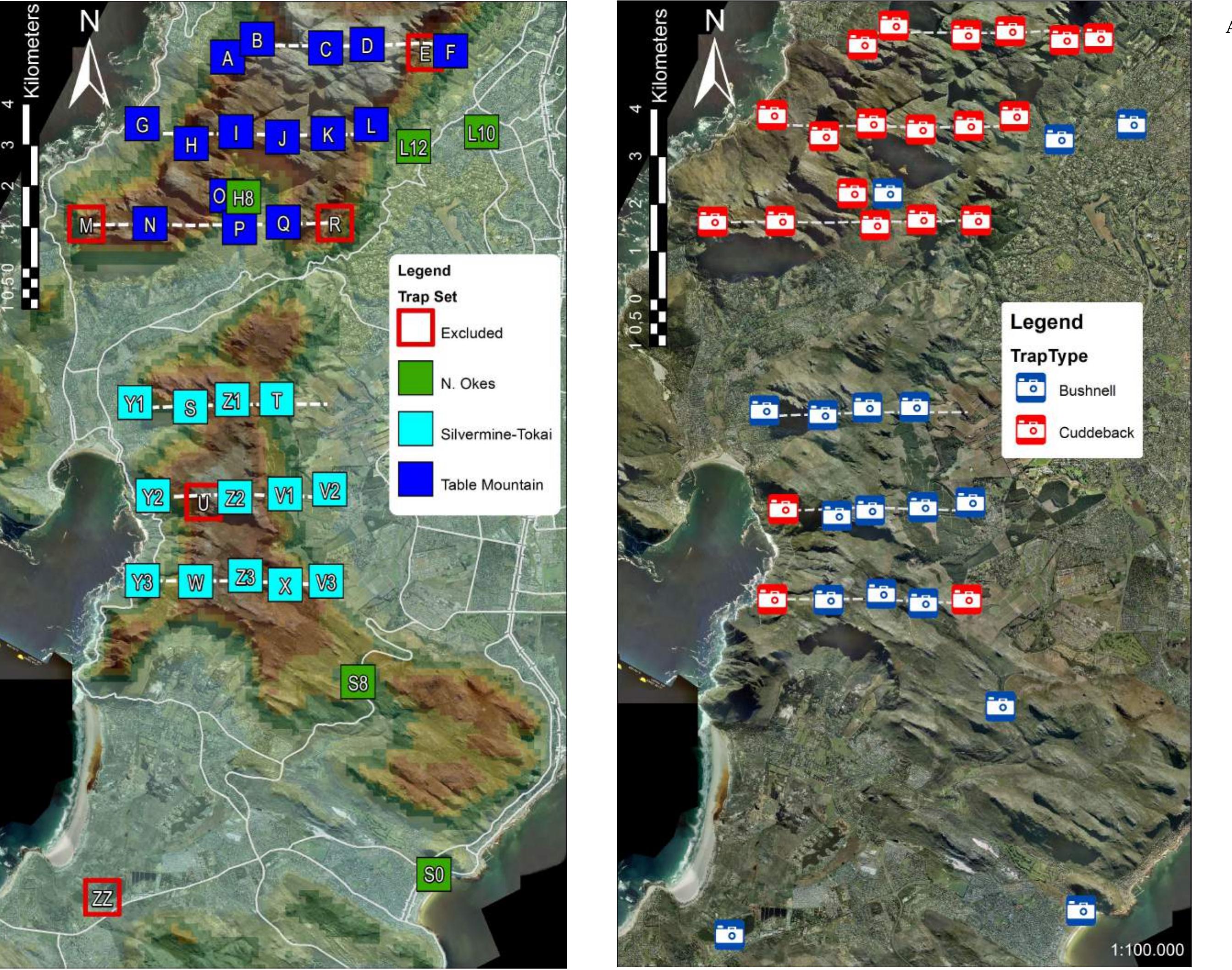 Map i: distribution of camera trap types. map h: numbering