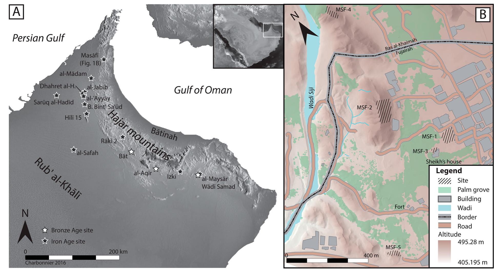 A) map of southeast arabia showing the location of the