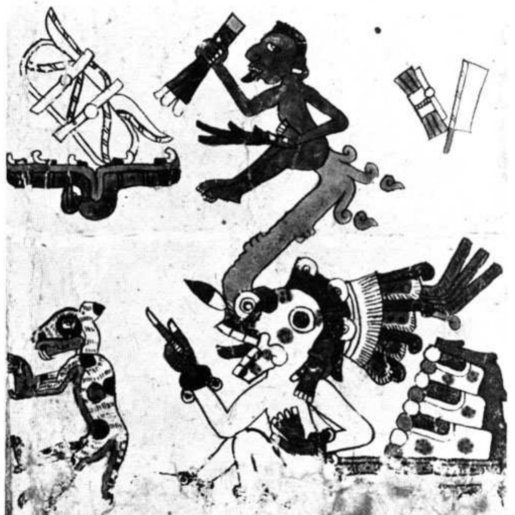 Defecating and urinating man with death figure, codex