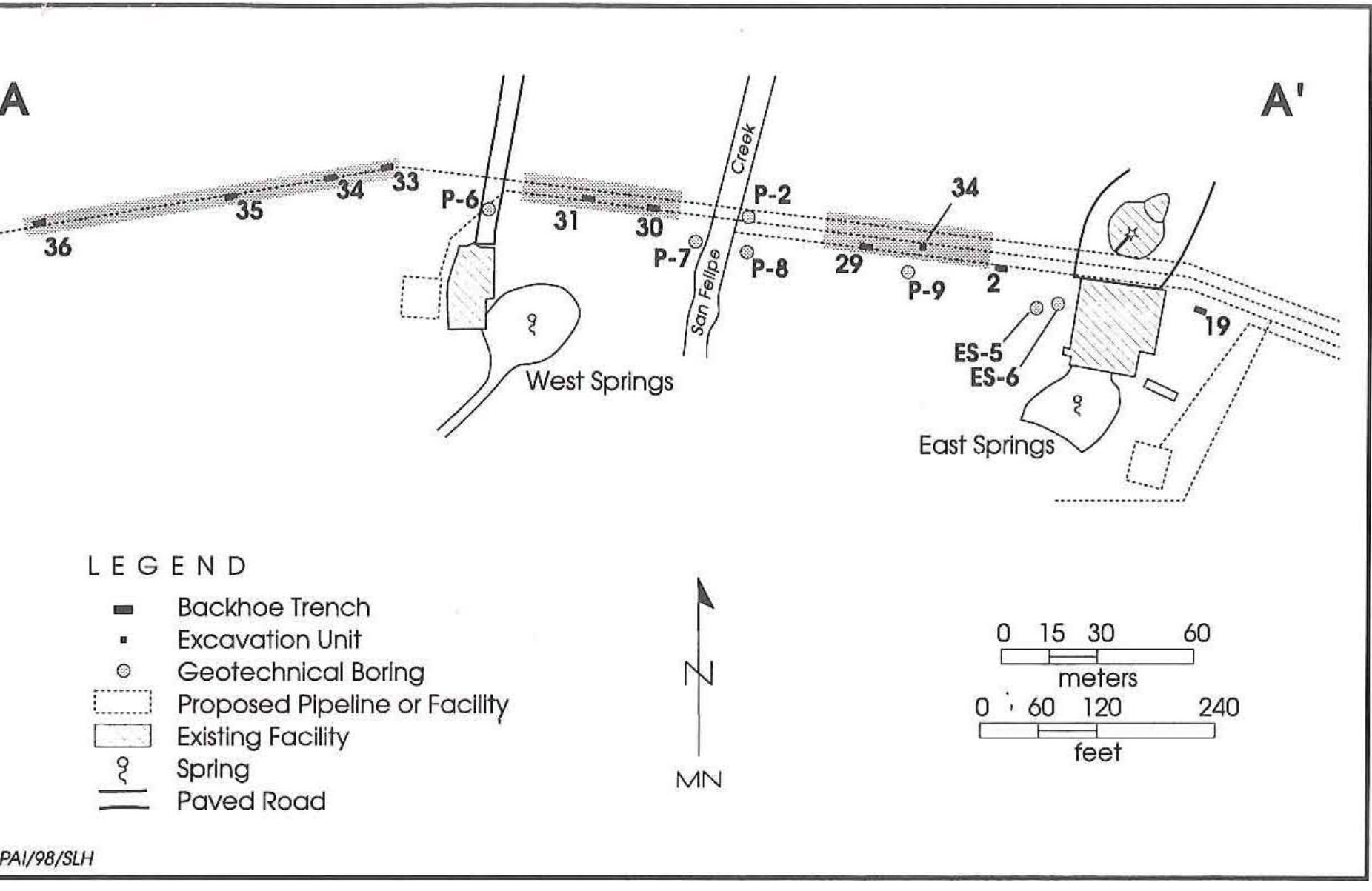 Map showing locations of selected backhoe trenches,