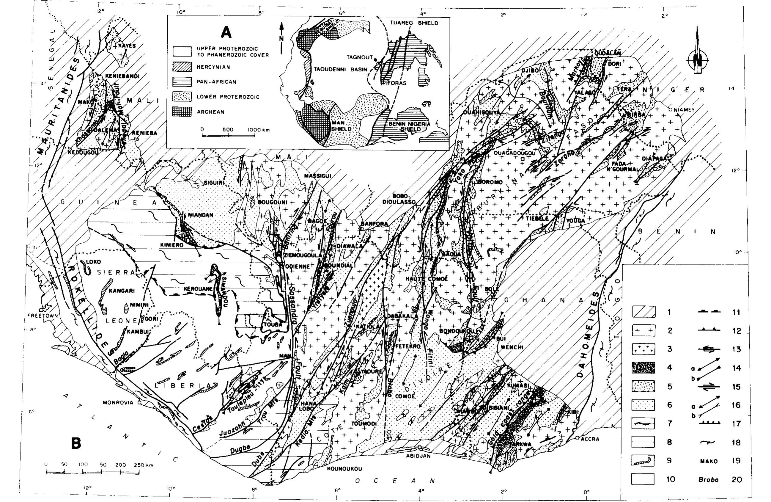 Location maps of the west african craton. (a) schematic map