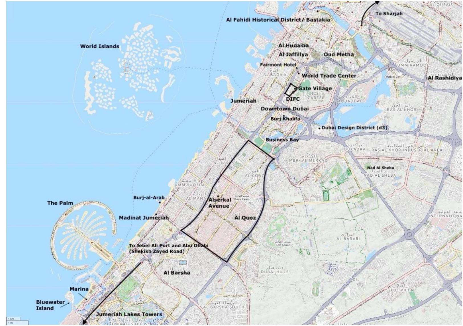 Map of dubai indicating various neighbourhoods or buildings