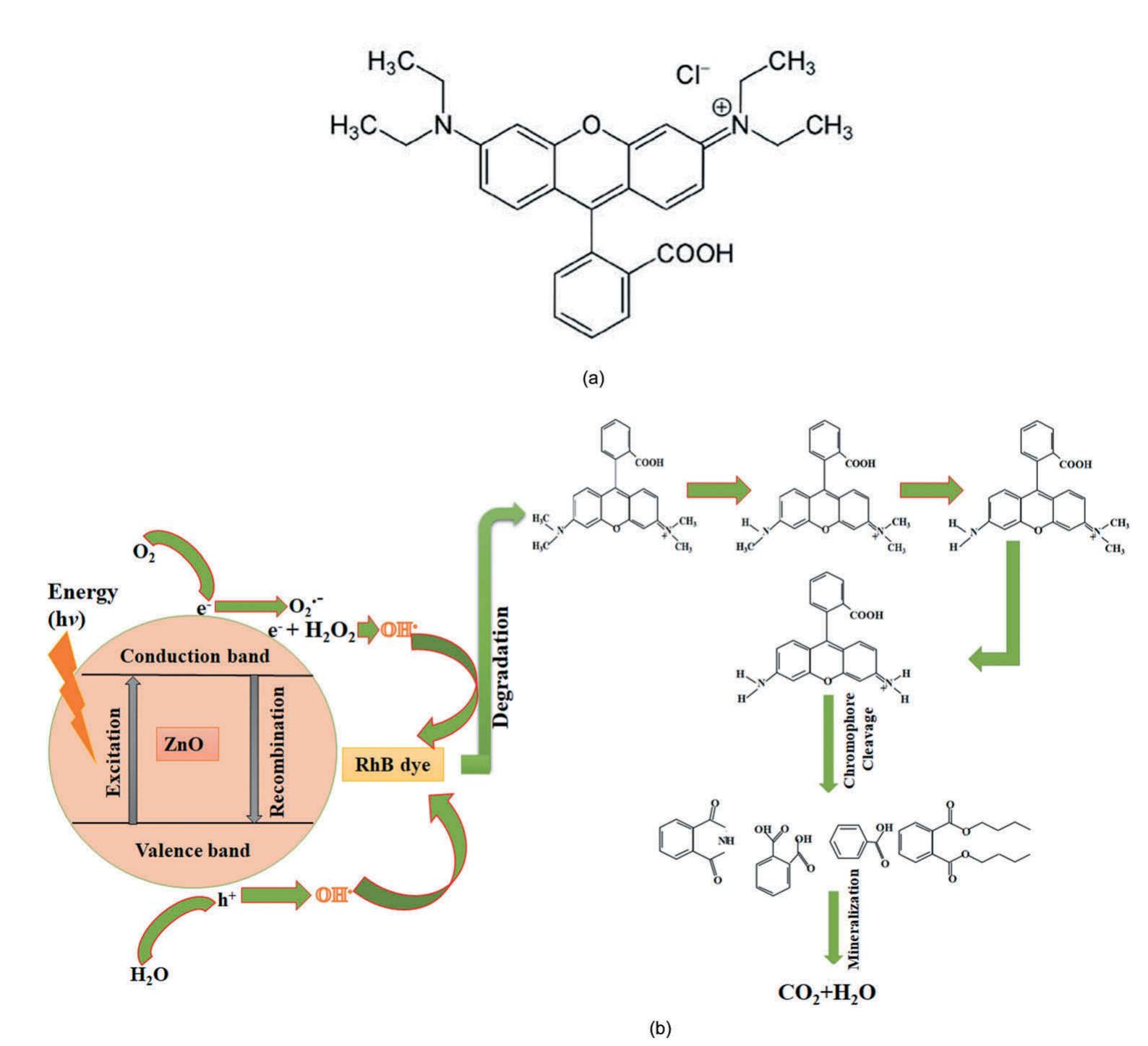 (a) molecular structure of rhodamine b dye, (b) schematic