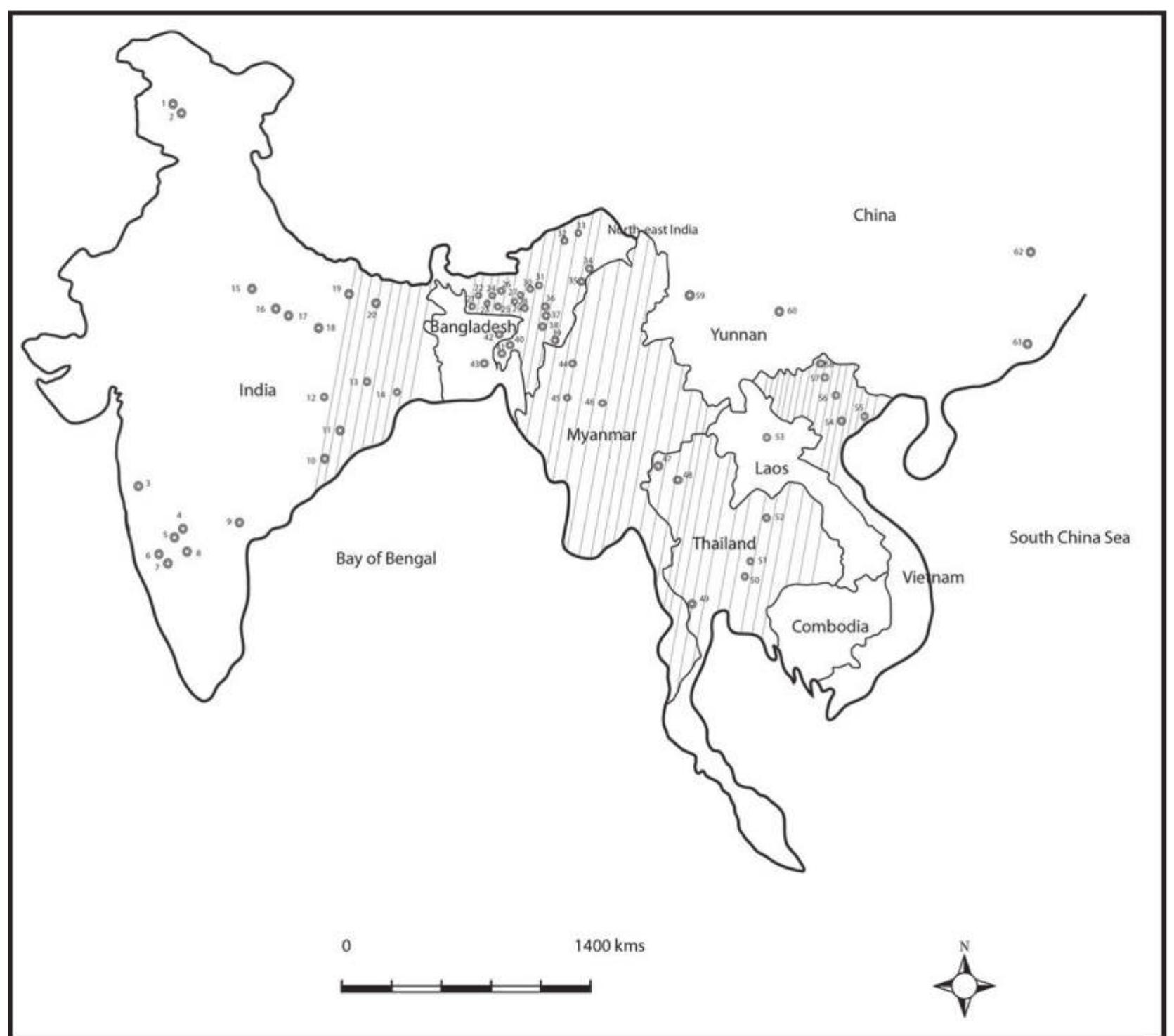 Map showing neolithic sites of india and southeast asia with