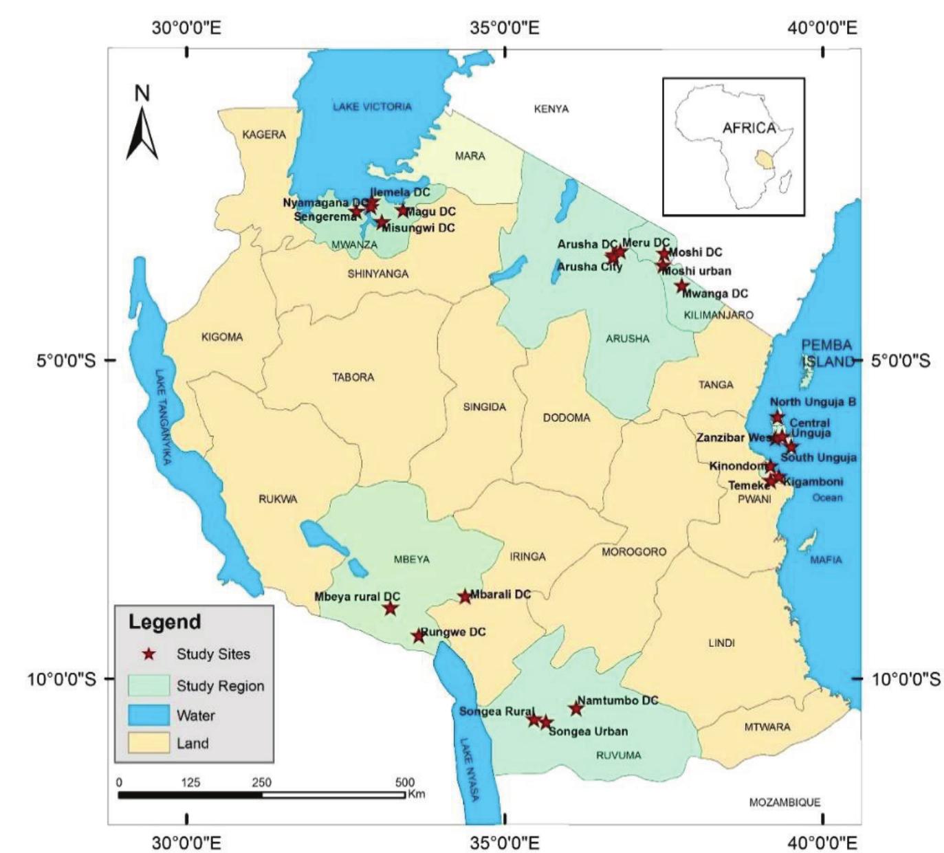 Map of tanzania showing the location of the survey sites in