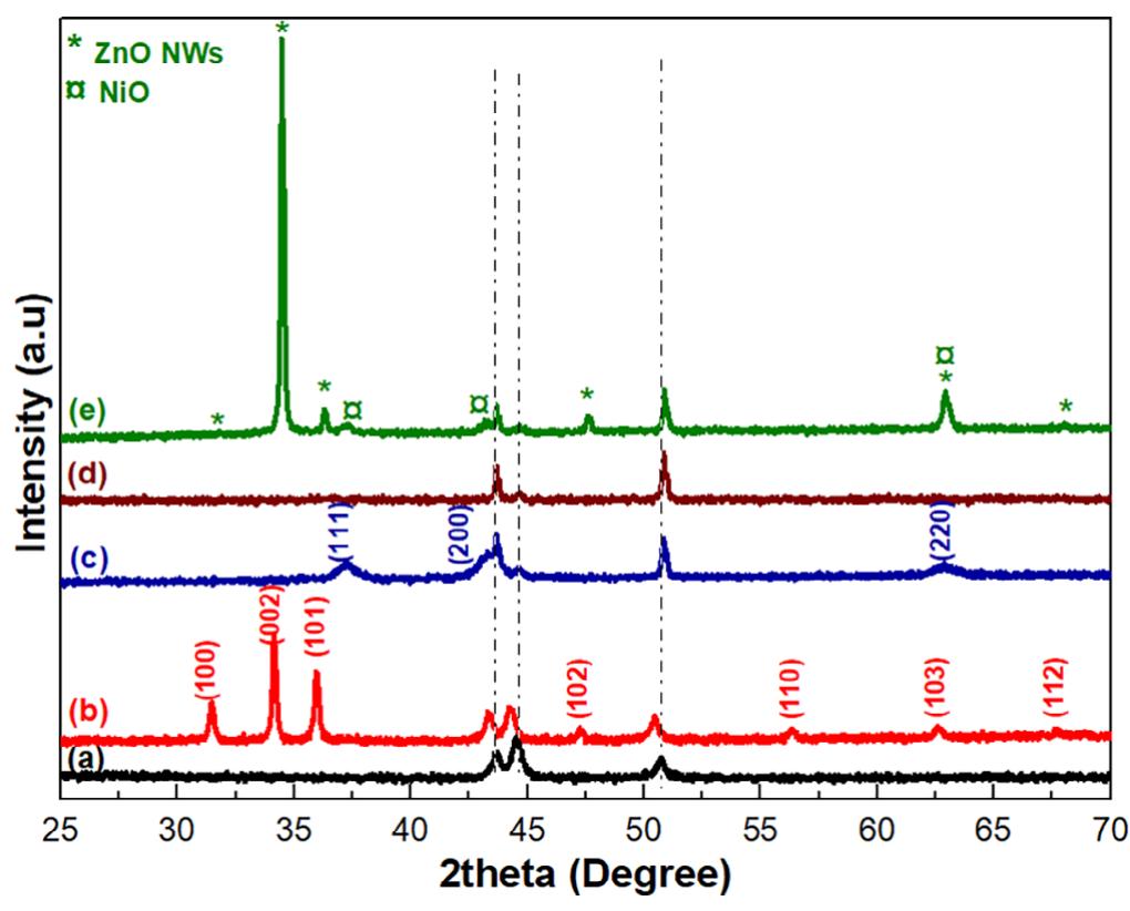 _ xrd patterns of (a) ss substrate, (b) zno nws, (c) nio and