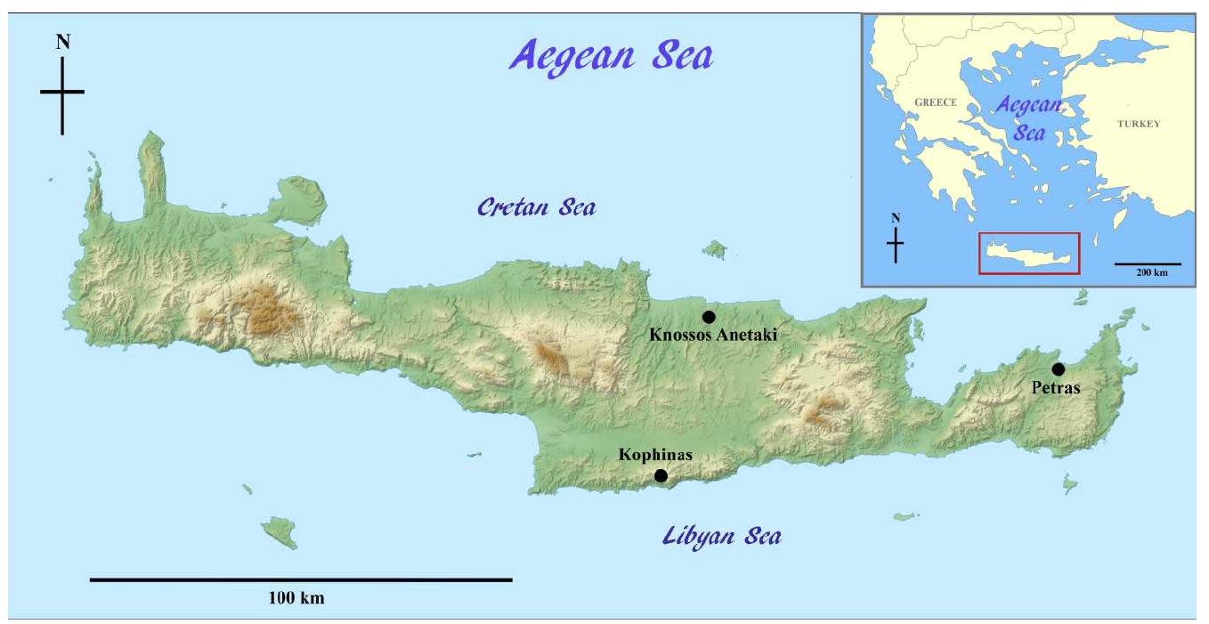 Map of crete showing the three bronze age ritual sites