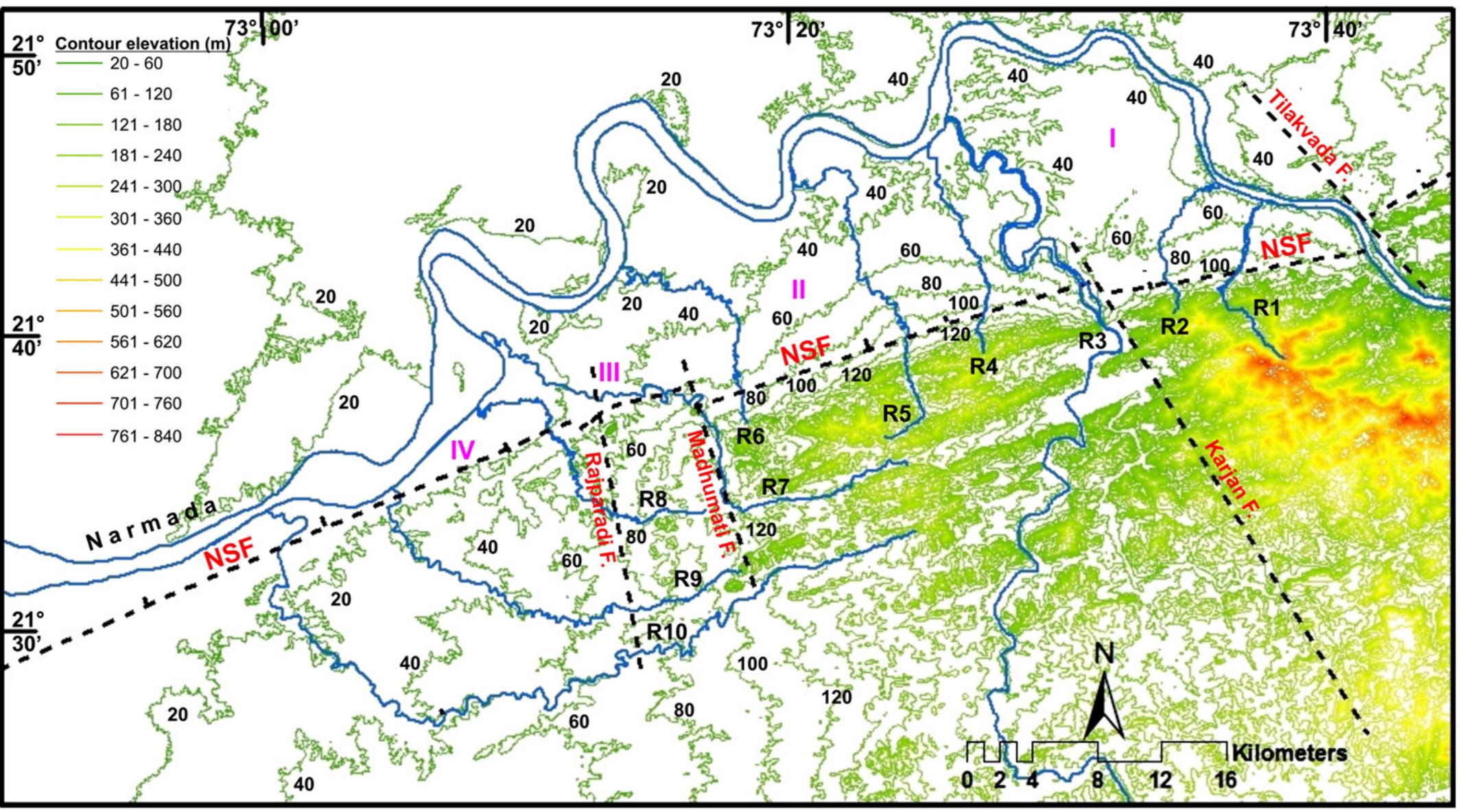 ‘ig. 2. contour map of the study area with drainage and