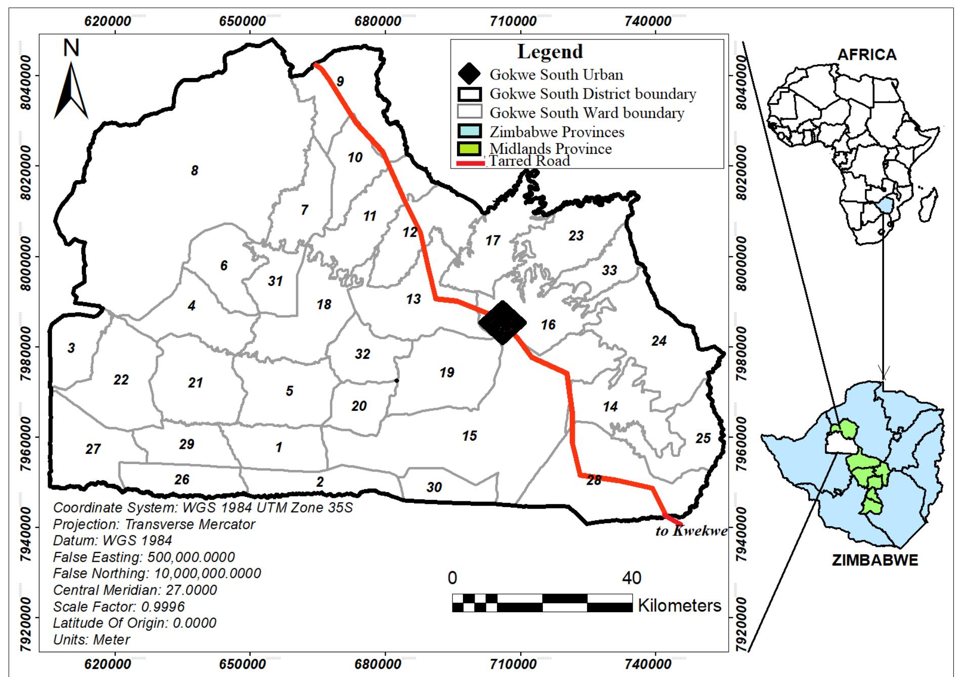 Map of gokwe south district showing the ward numbers (1-33)