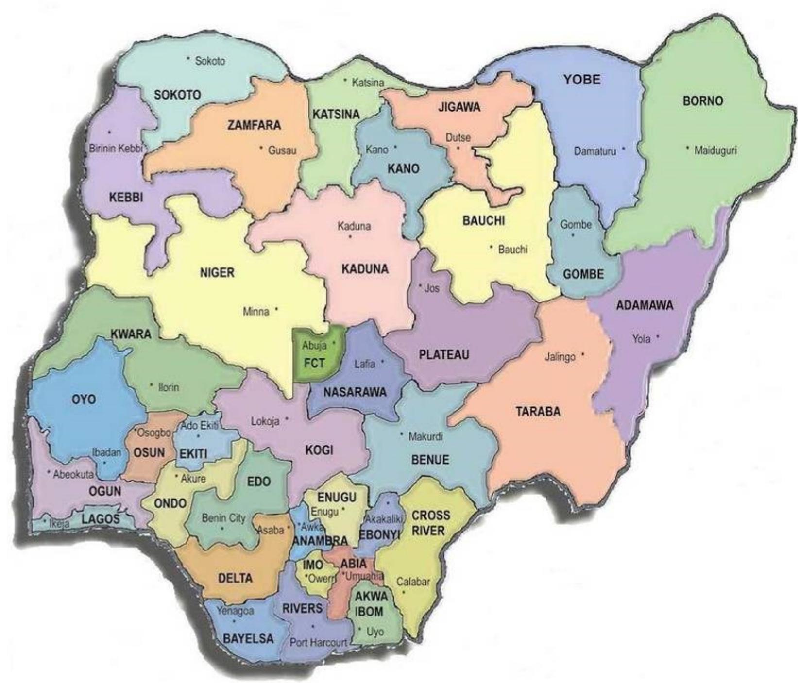 1 a map of nigeria showing the 36 states and their capitals