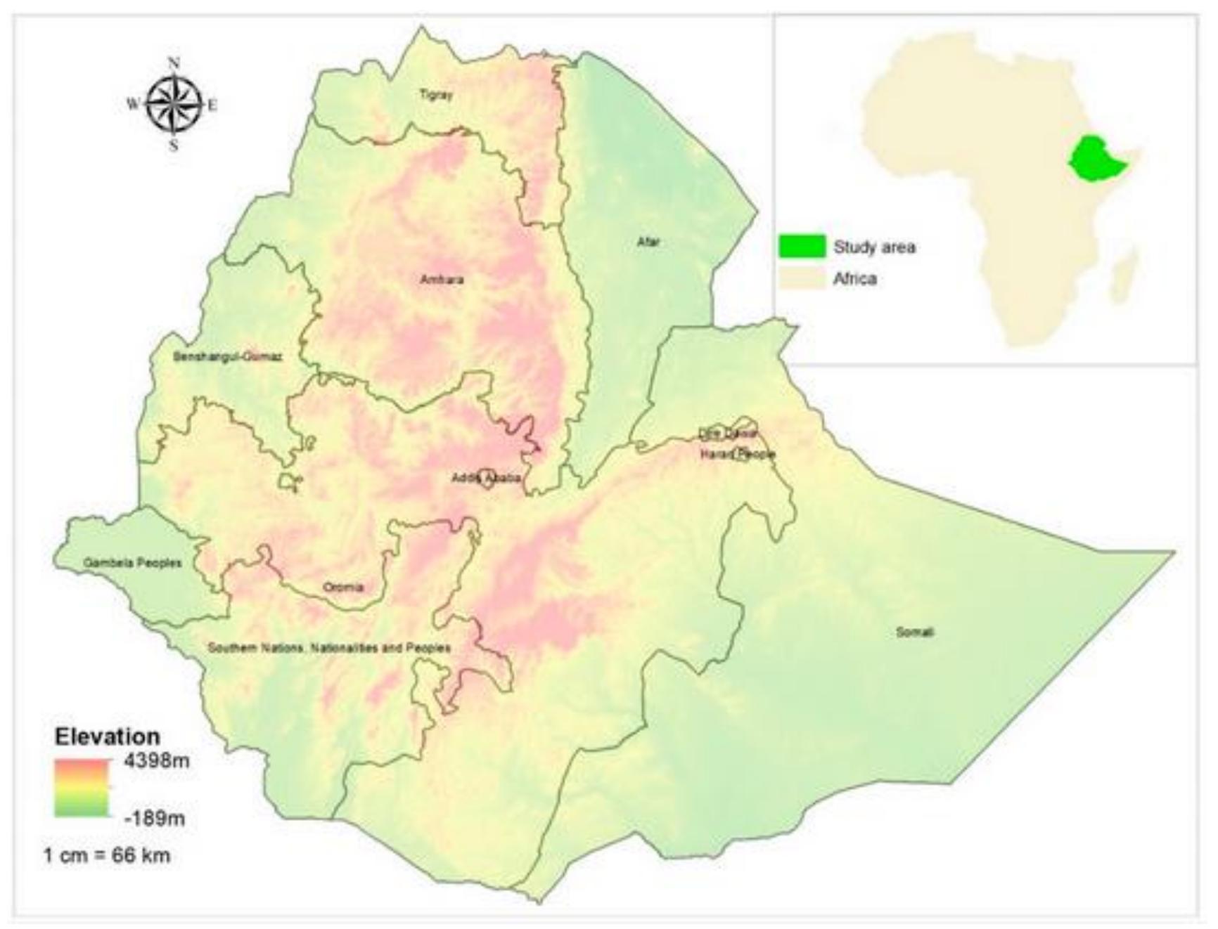 A map of the study area (ethiopia and regions) depicting
