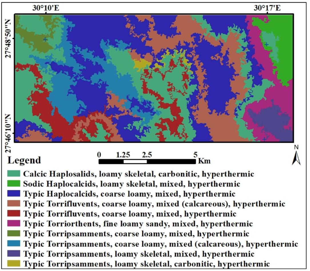 The units of the soil taxonomy map are shown at the family