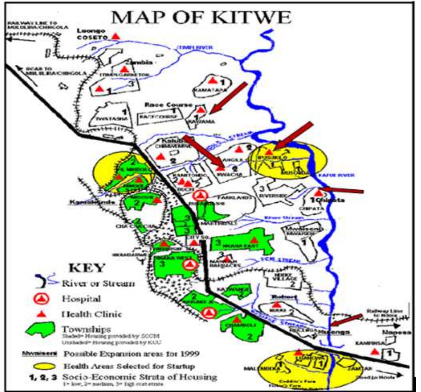Map of kitwe with arrows showing the settlements surveyed