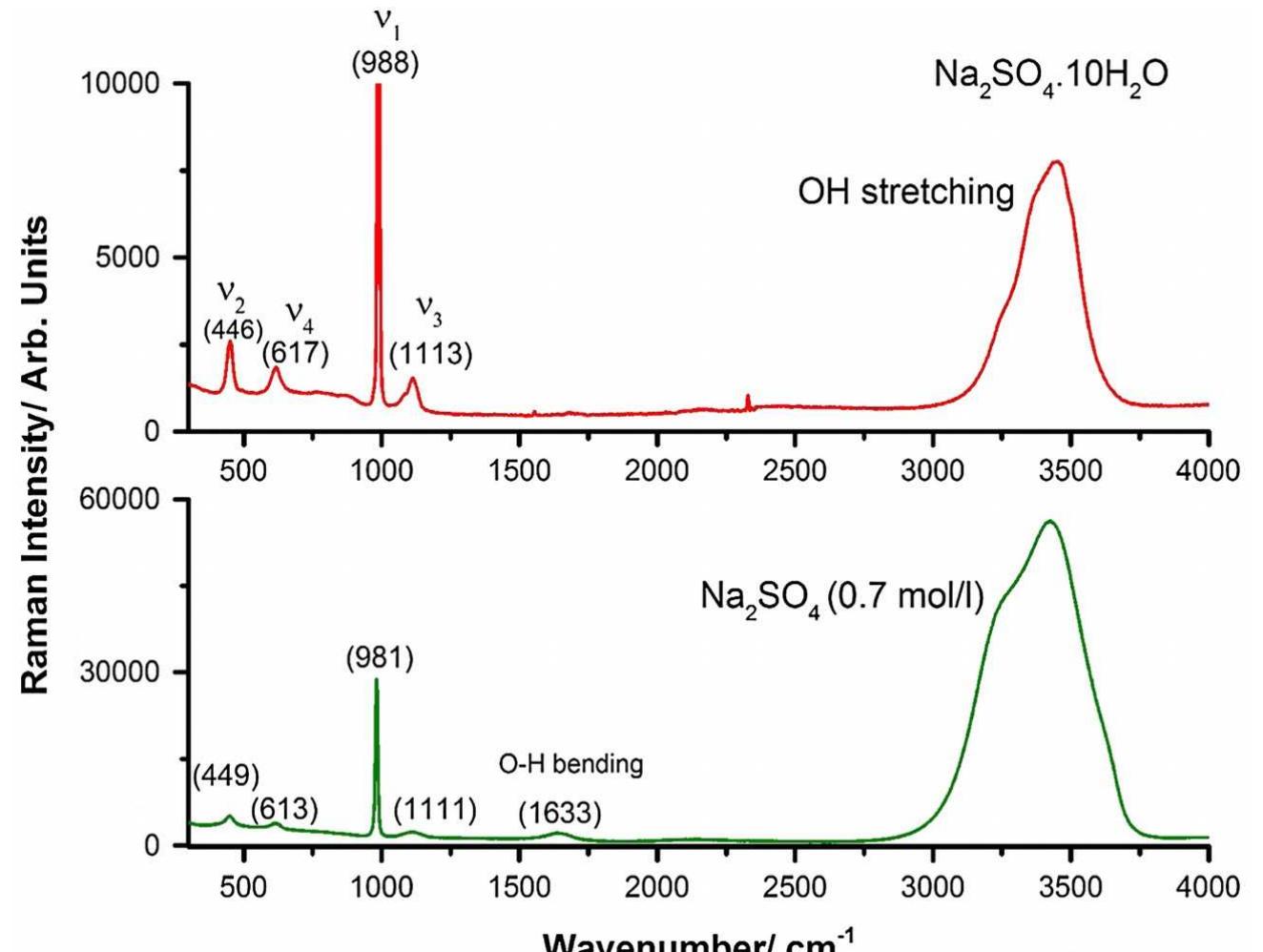 Raman spectra of hydrated sodium sulfate and aqueous
