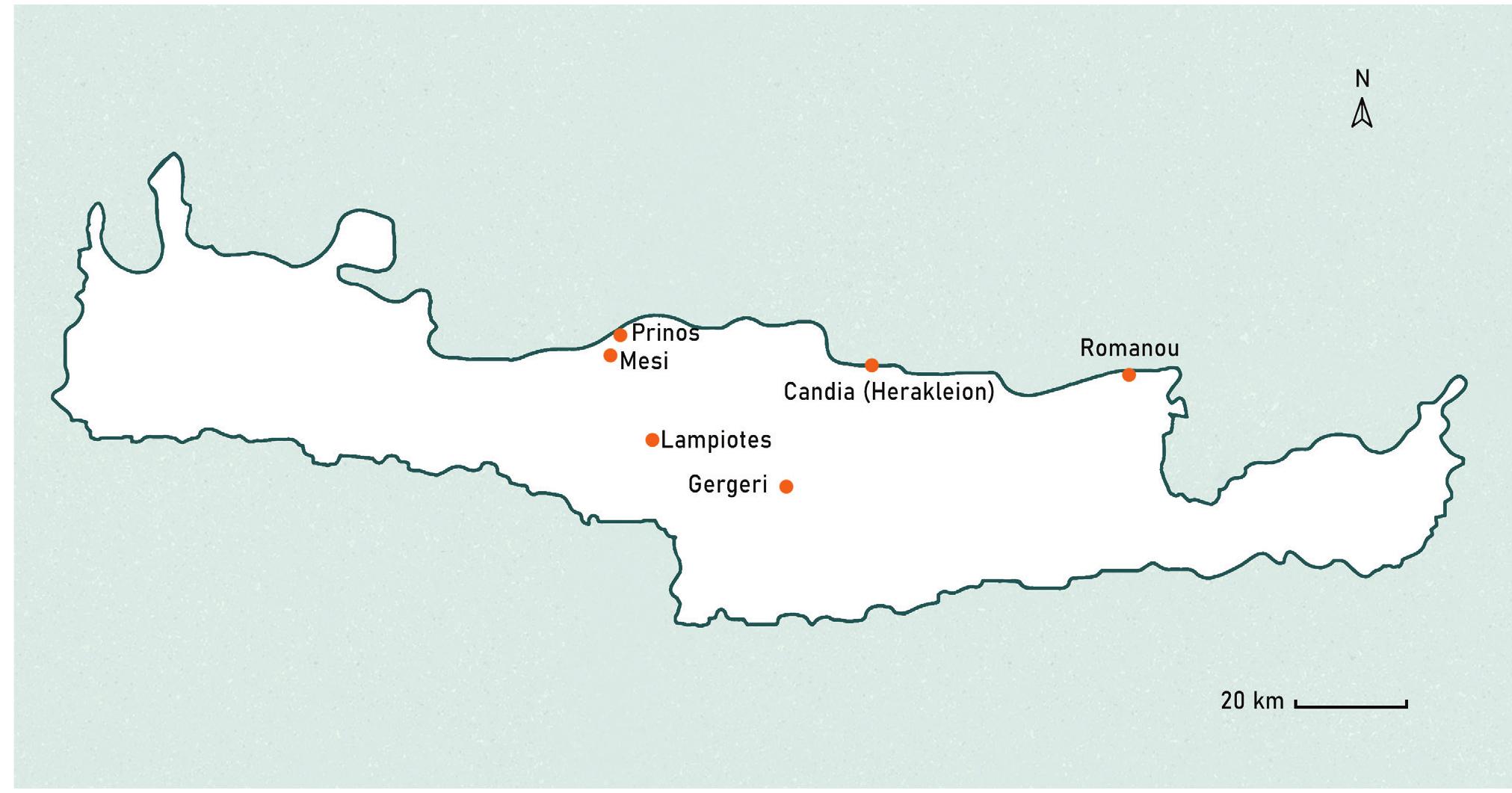 Schematic map of crete, showing the areas with churches