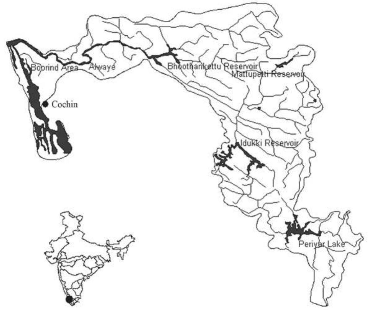 A schematic map of the periyar river basin. the black areas