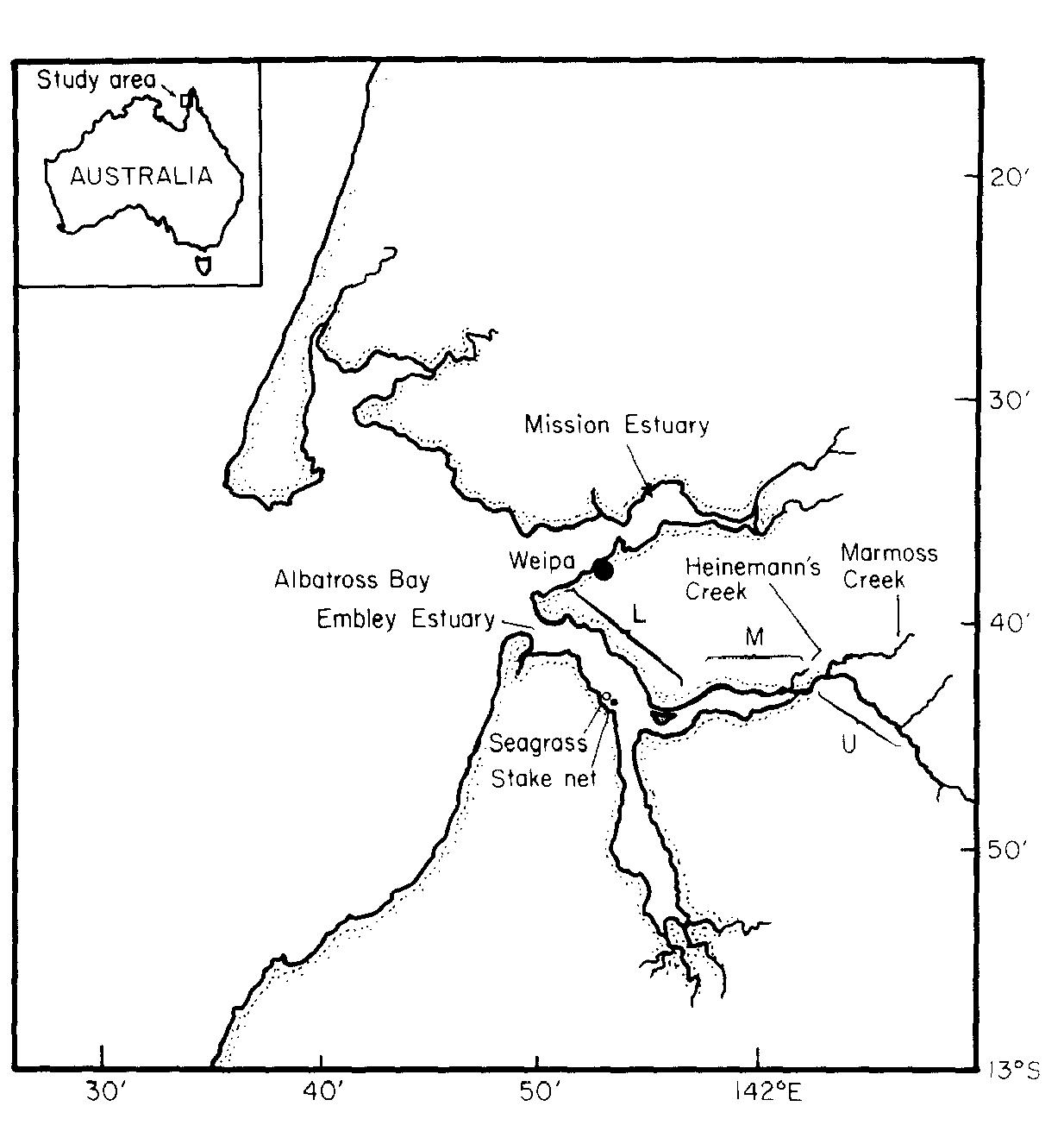 Map showing embley estuary and albatross bay, with sampling