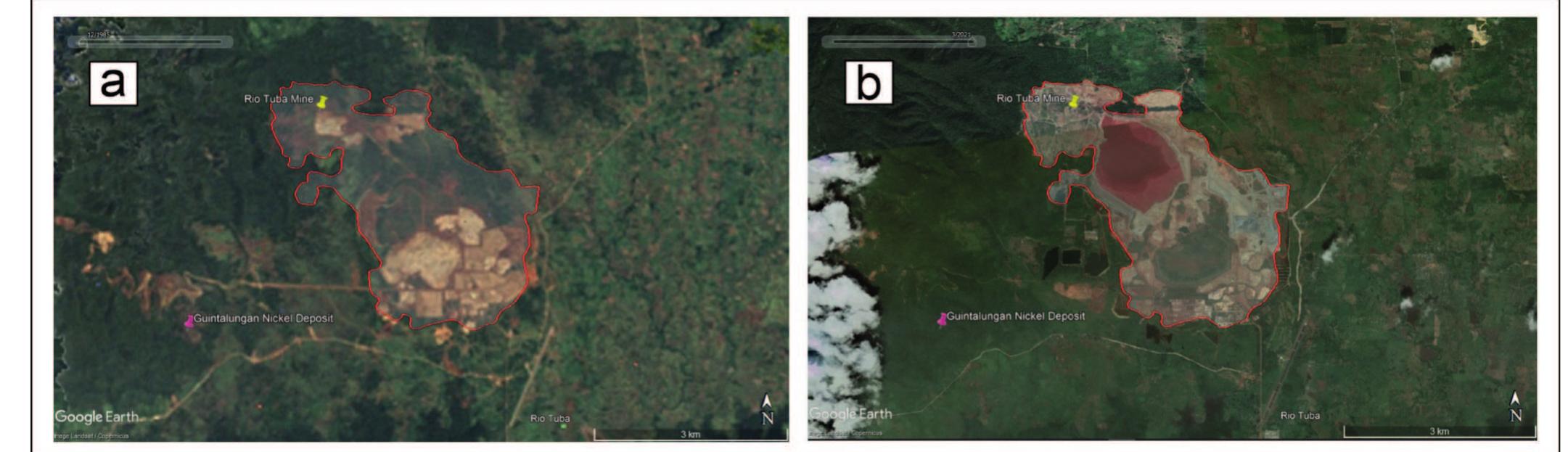 Google earth images, a) before rio tuba mine developed