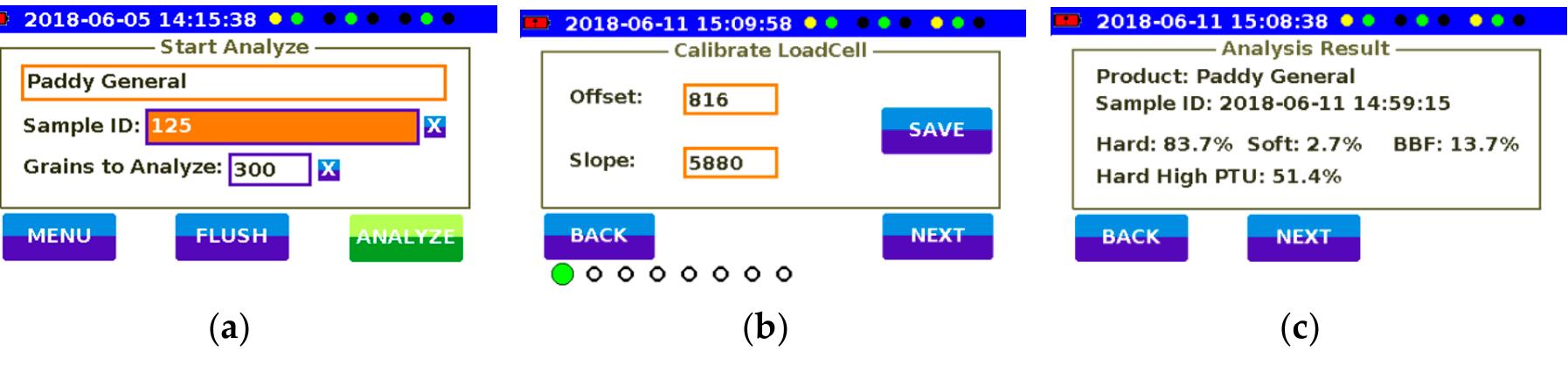 Touchscreen with selectable menus and displays. (a) settings